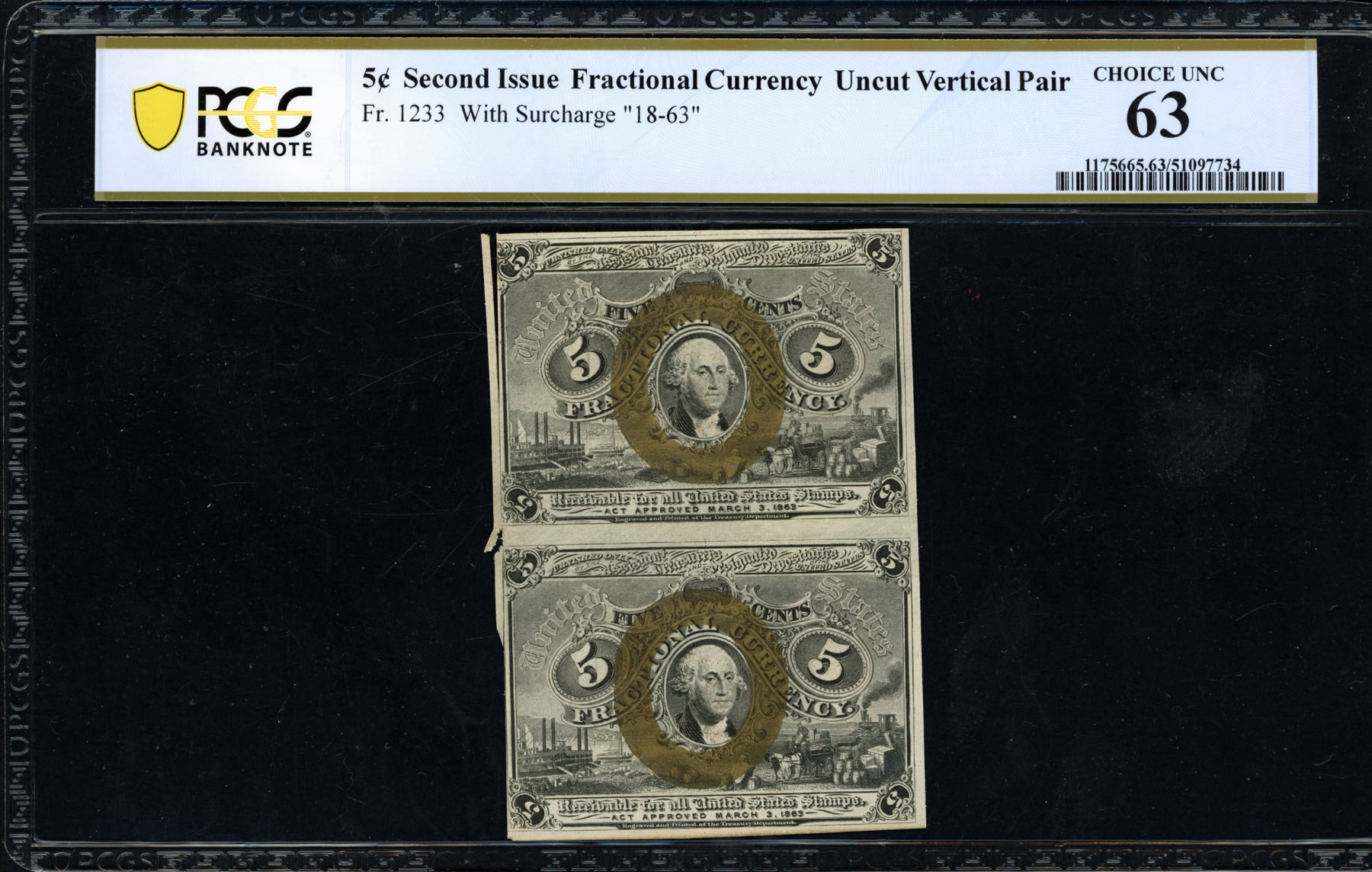 Fr. 1233 Second Issue 5 Cents Fractional Currency Notes Uncut Vertical ...