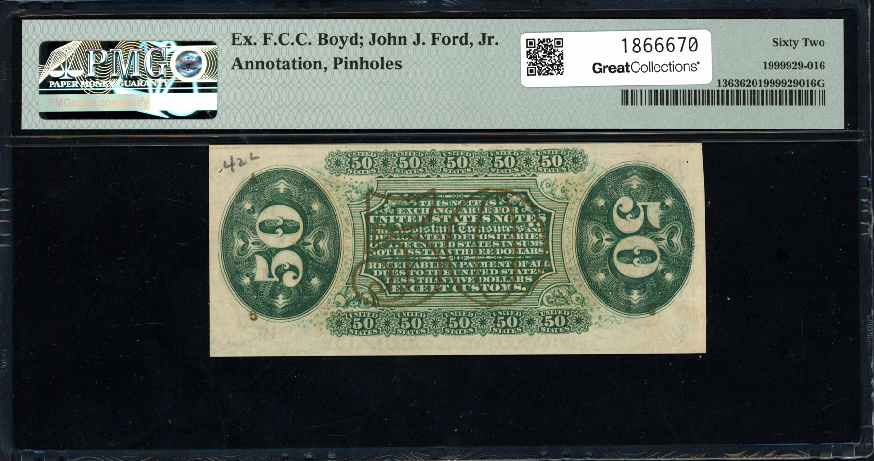 Fr. 1363 Third Issue 50 Cents Fractional Currency Surcharges "A-2-6-5 ...