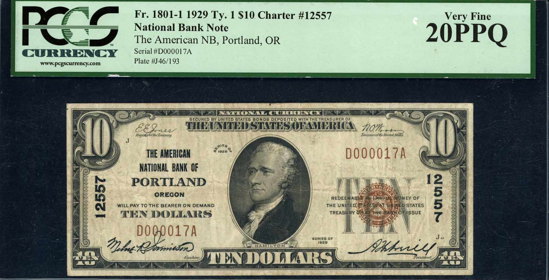 Fr. 1801-1 Portland, Oregon 1929 Type 1 $10 Note *Very Low Serial ...