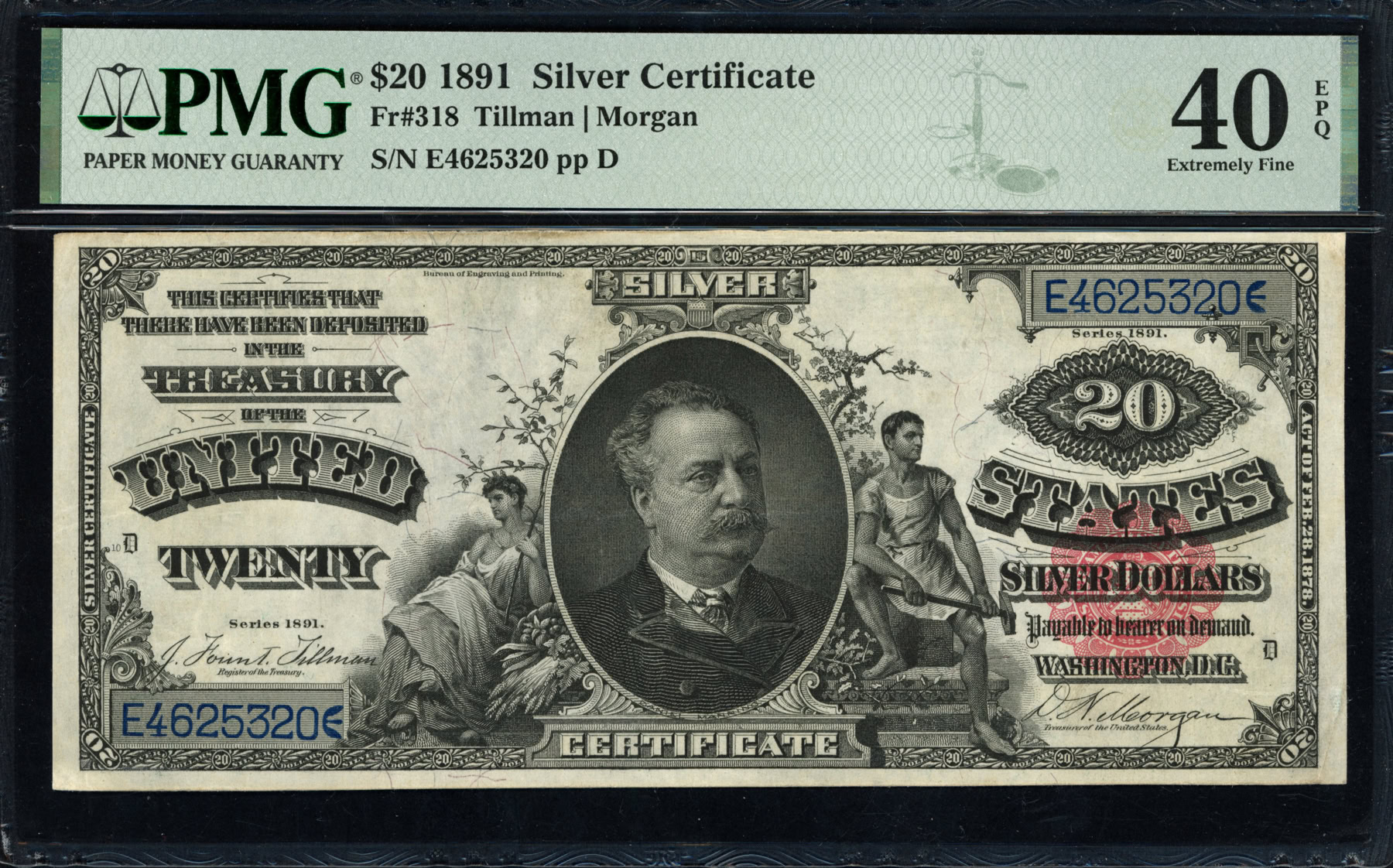 Fr. 318 1891 $20 Silver Certificate Note Tillman / Morgan PMG Extremely Fine 40 EPQ | PMG Cert ...