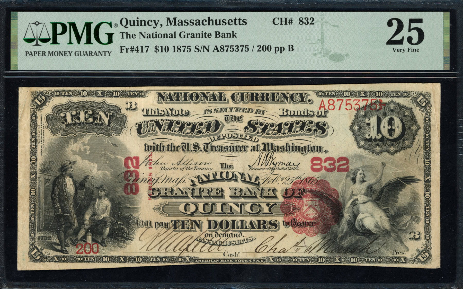 Fr. 417 Quincy, Massachusetts 1875 $10 Red Seal Note The National ...