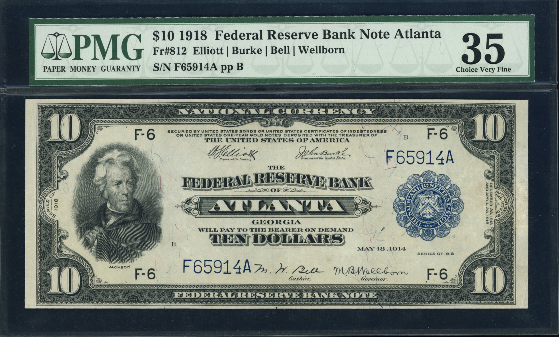 Fr. 812 1918 $10 Atlanta Federal Reserve Bank Note Elliott / Burke ...