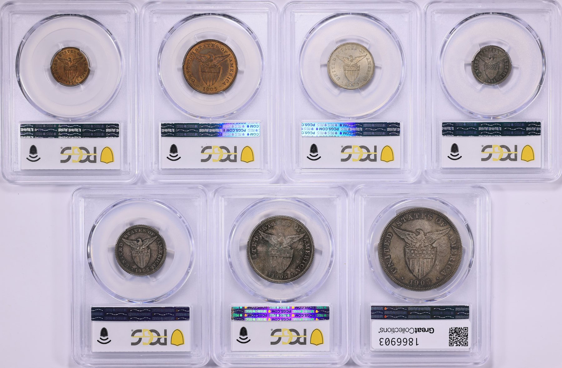 1905 U.S. Philippines 1/2 Centavo to Peso Proof Set PCGS Proof-62 RB to ...