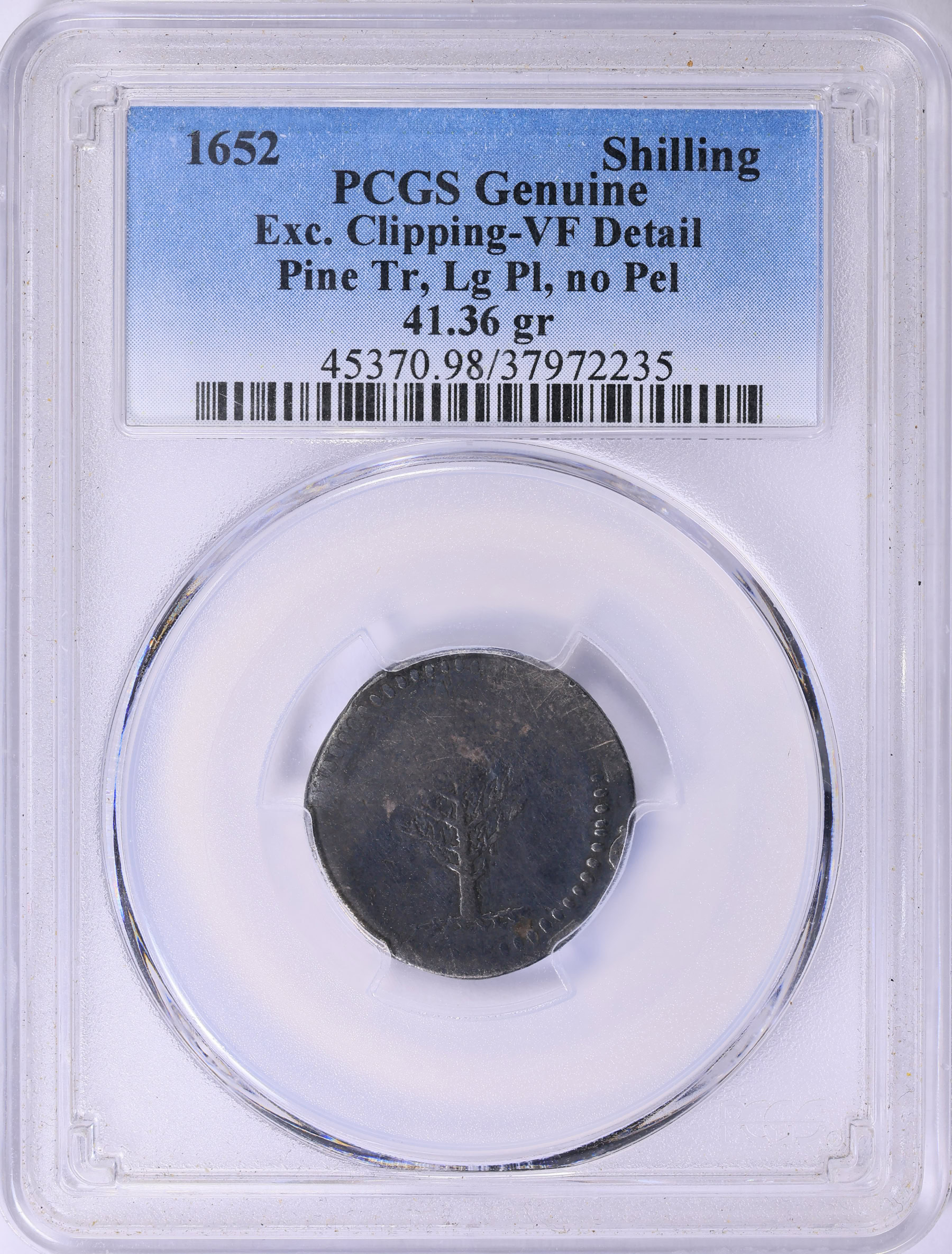 1652 Massachusetts Pine Tree Silver Shilling No Pellets 41.36 gr PCGS ...