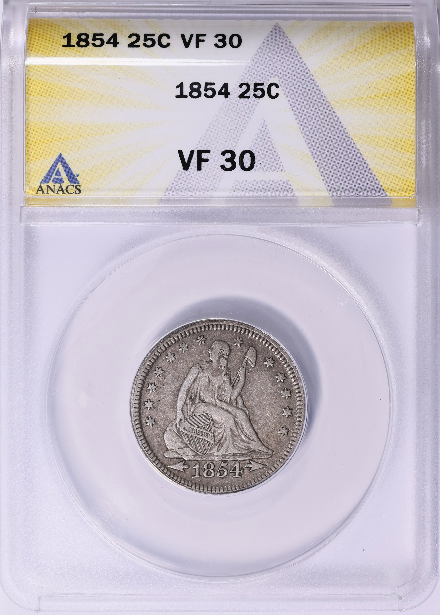1854 Seated Liberty Quarter ANACS VF-30 (Item 1866940) | GreatCollections Coin Auctions