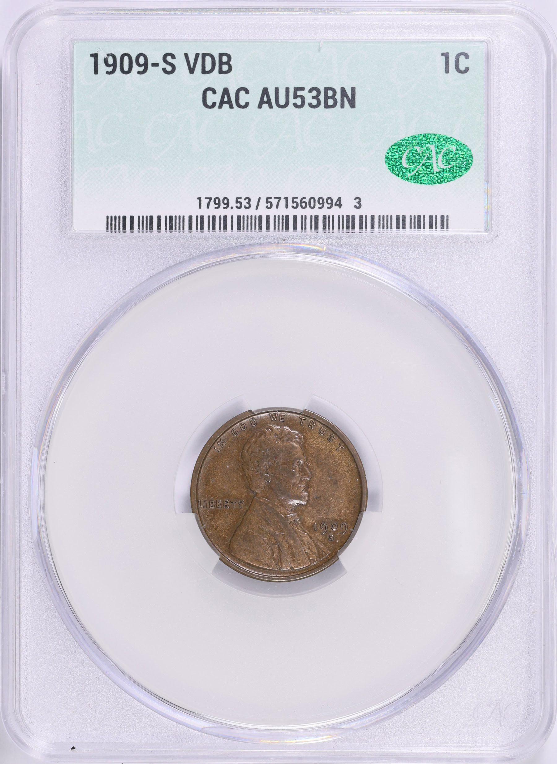 1909-S Lincoln Cent V.D.B. CACG AU-53 BN (Item 1866982 ...