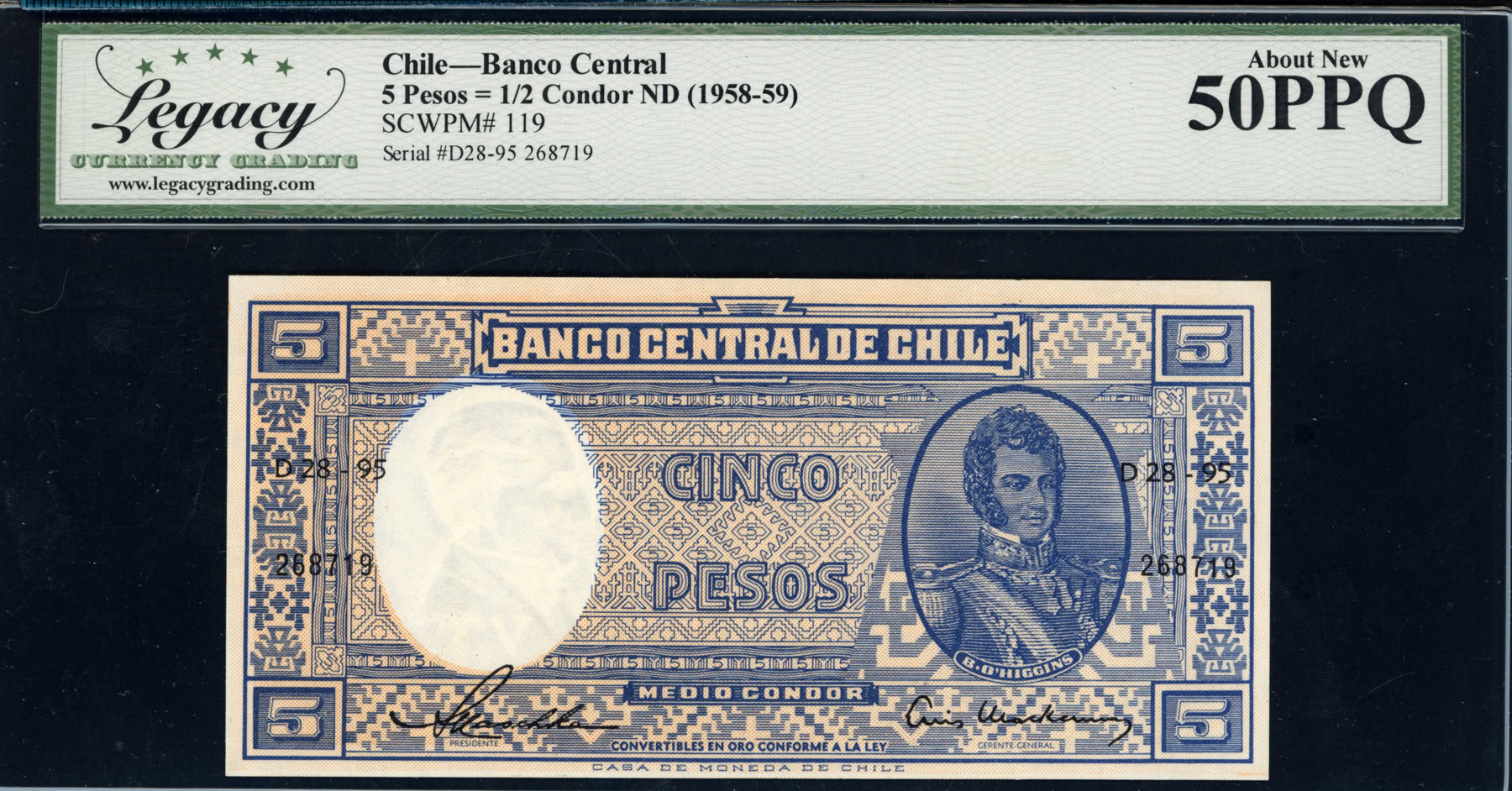 Chile ND (1958-59) 5 Pesos (1/2 Condor) Banco Central Note SCWPM-119 ...