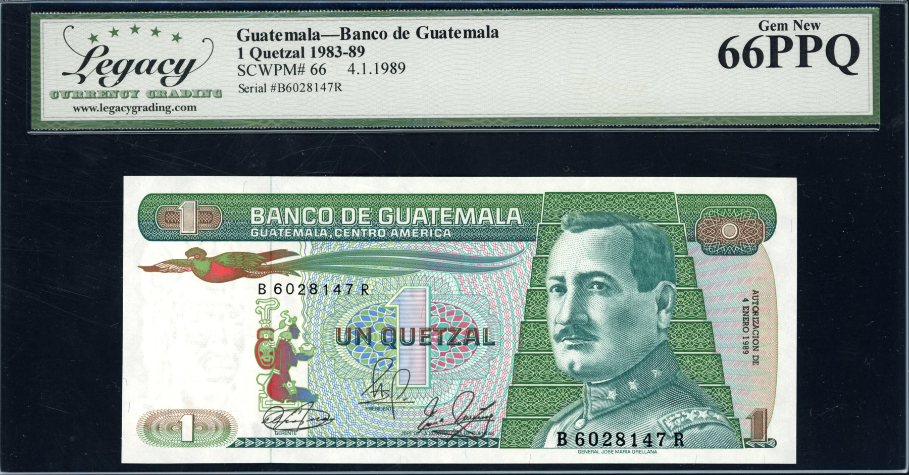 Guatemala 1989 1 Quetzal Banco de Guatemala Note SCWPM-66 Legacy Gem New 66 PPQ | Legacy Cert ...