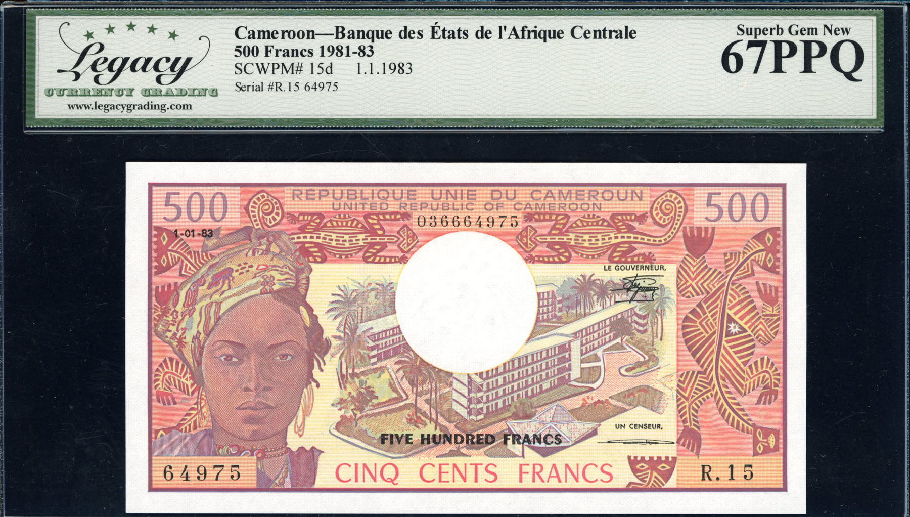 Cameroon 1983 500 Francs Banque des Etats de l'Afrique Centrale Note SCWPM-15d Legacy Superb Gem ...