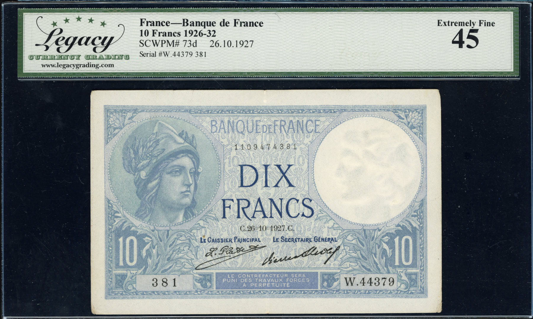 France 1927 10 Francs Banque de France Note SCWPM-73d Legacy Extremely ...