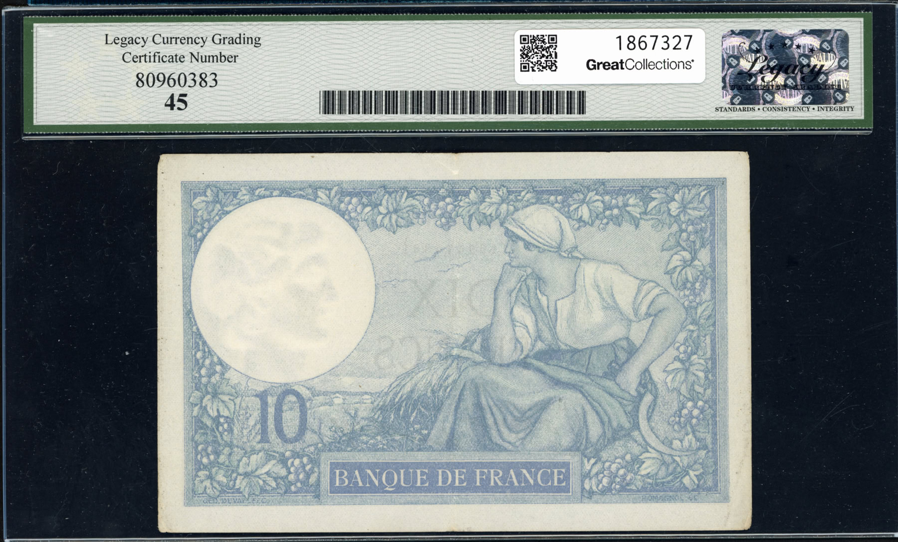 France 1927 10 Francs Banque de France Note SCWPM-73d Legacy Extremely ...