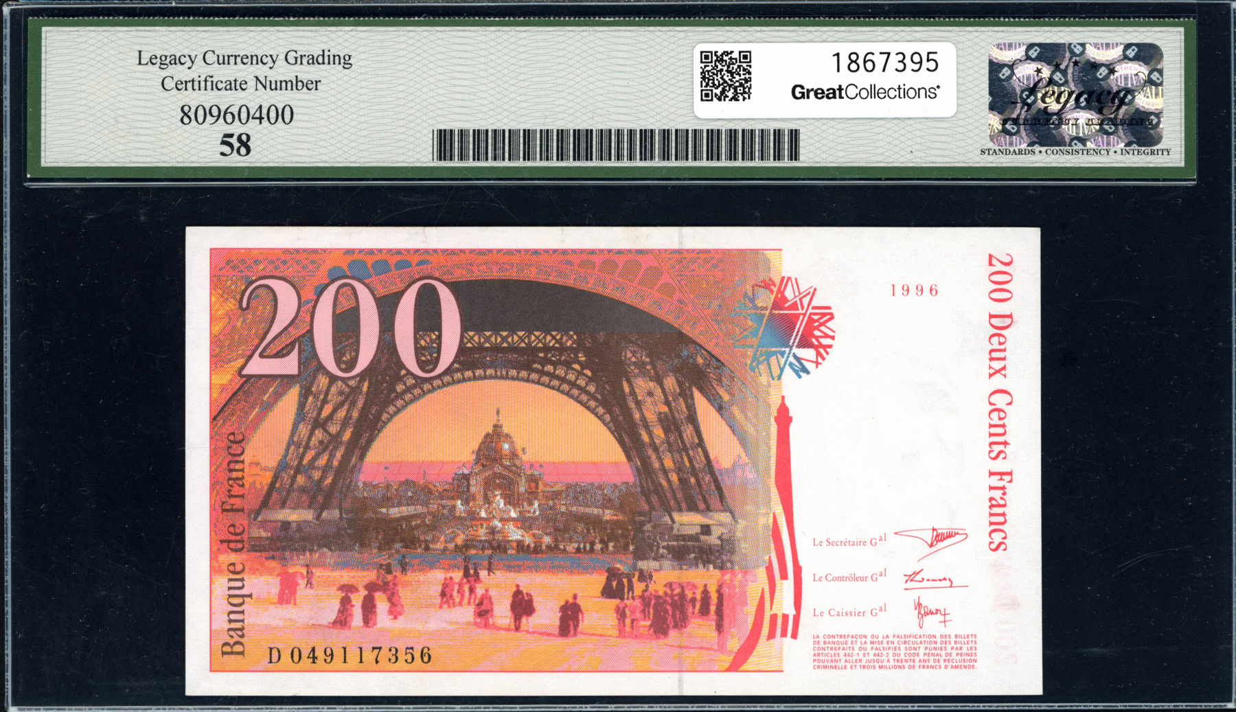 France 1996 200 Francs Banque de France Note SCWPM-159b Legacy Choice ...