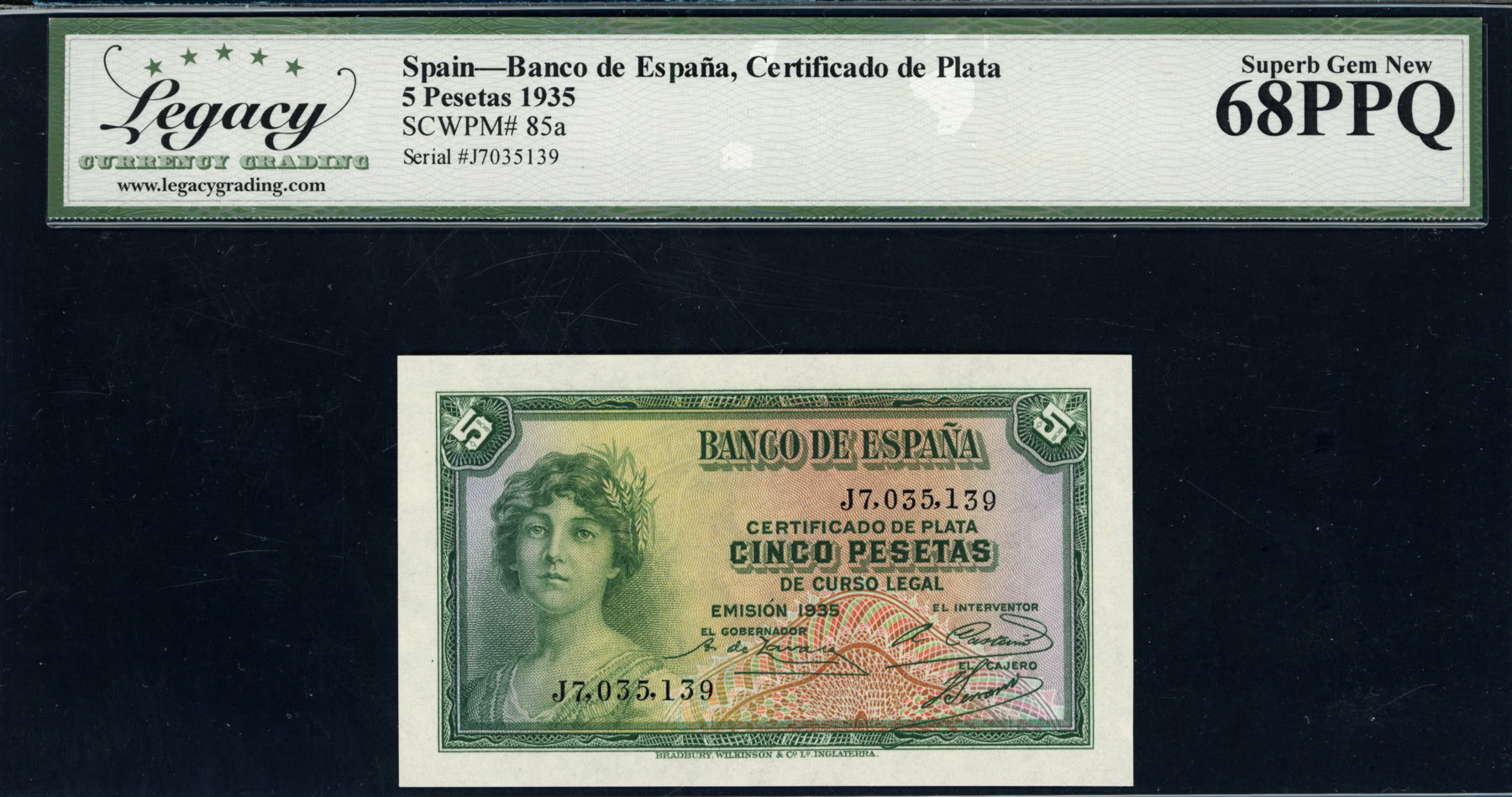 Spain 1935 5 Pesetas Banco de Espana Certificado de Plata Note SCWPM ...