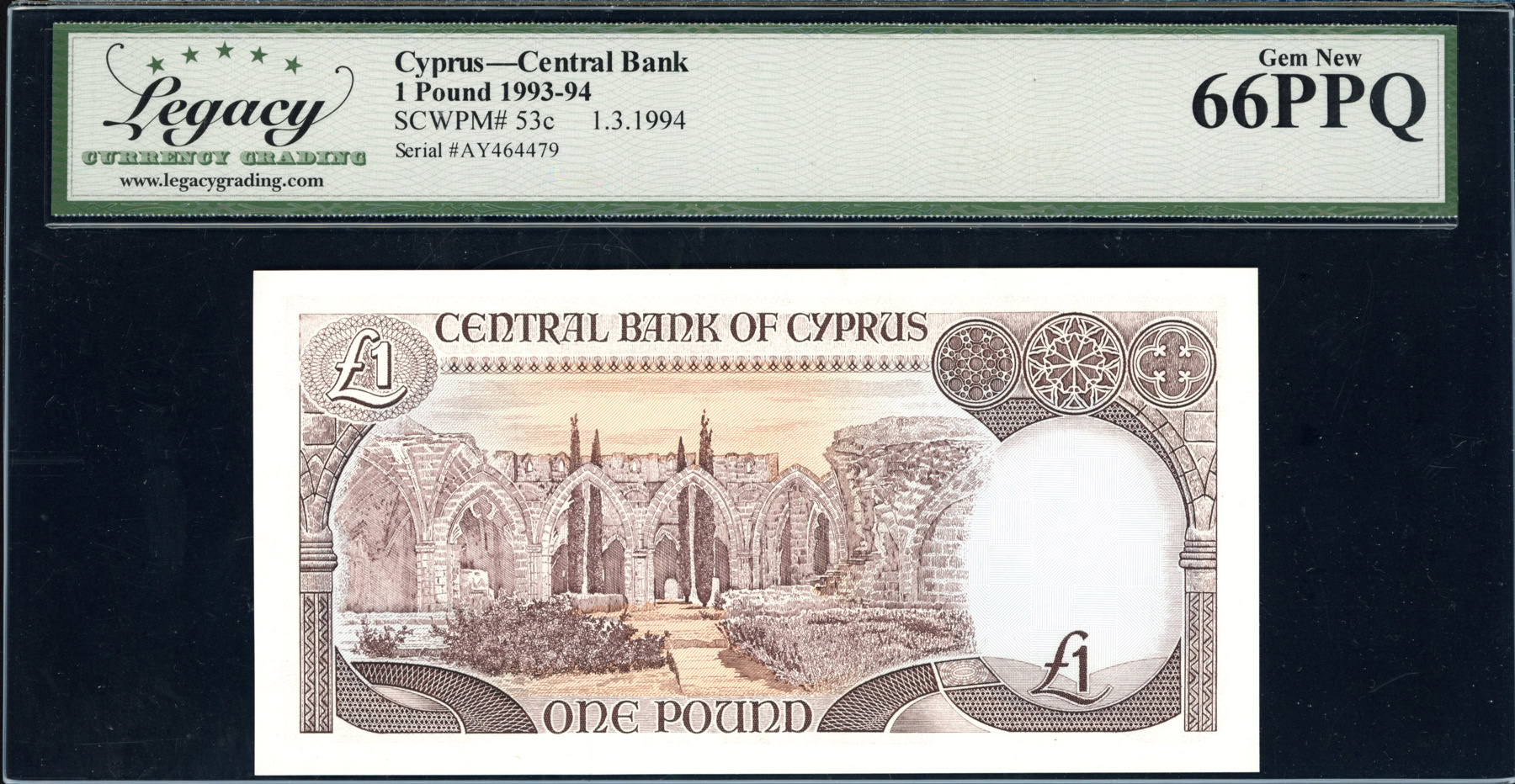 Cyprus 1994 £1 Central Bank SCWPM-53c Legacy Gem New 66 PPQ | Legacy ...