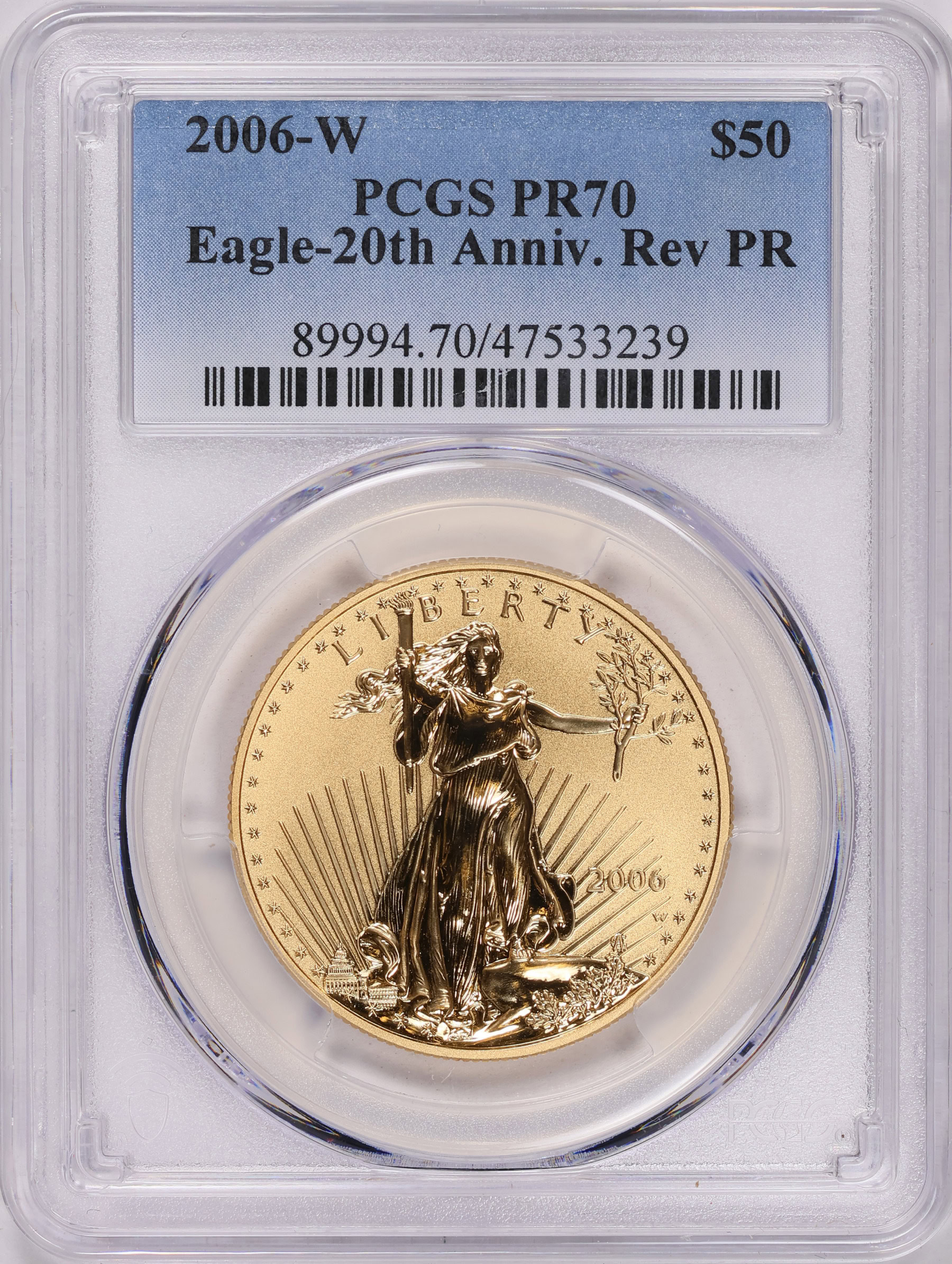 2006-W $50 One-Ounce Gold American Eagle Reverse Proof 20th Anniversary PCGS Proof-70 (Item ...
