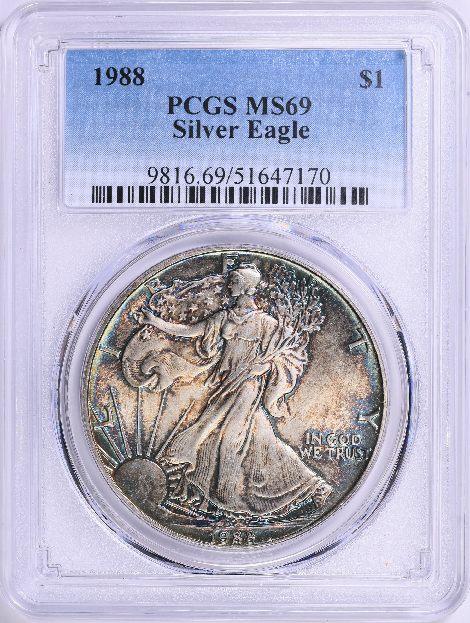 1988 $1 Silver Eagle PCGS MS-69 (Toned) (Item 1868208 ...