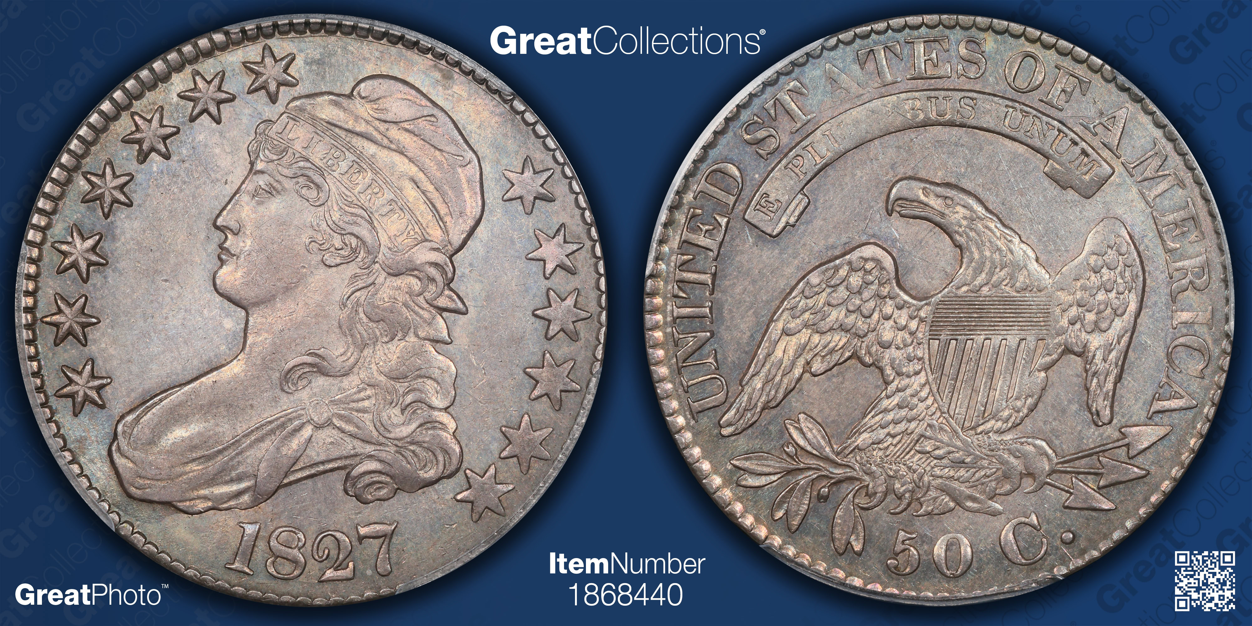 1827 Capped Bust Half Dollar Square Base 2 PCGS AU-58+ (Toned) (Item ...