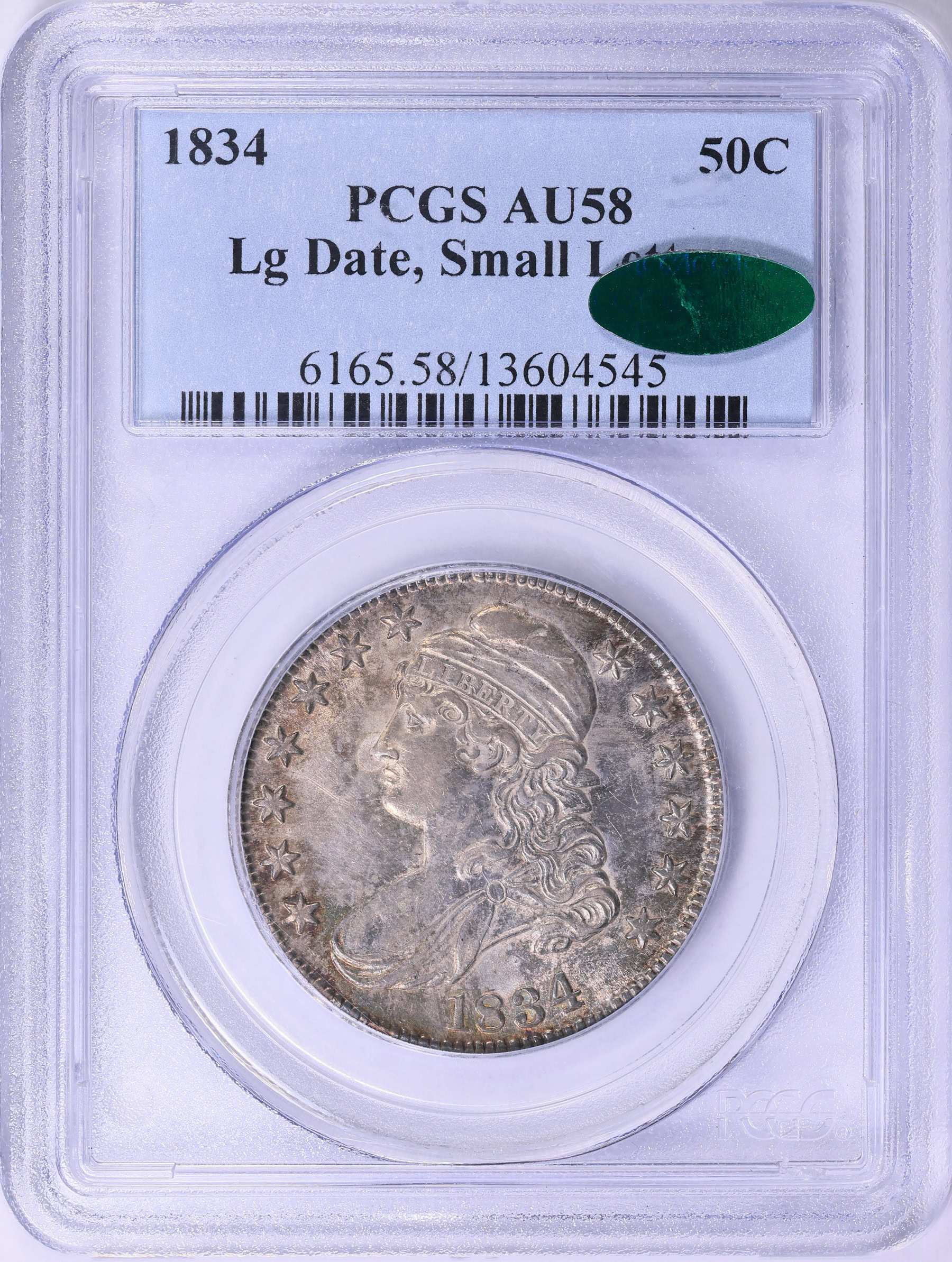 1834 Capped Bust Half Dollar Large Date, Small Letters PCGS AU-58 (CAC Green) (Toned) (Item ...