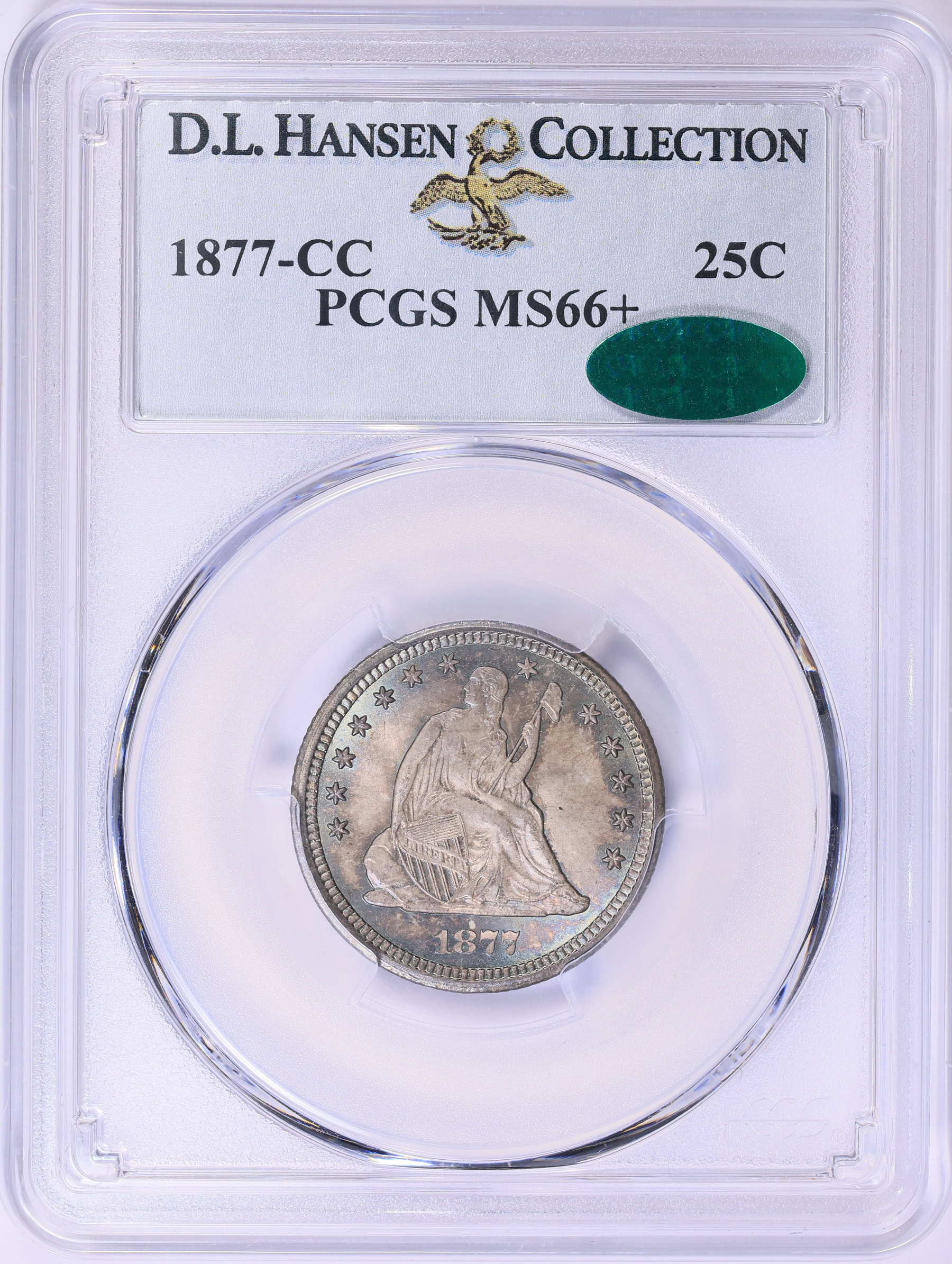 1877-CC Seated Liberty Quarter PCGS MS-66+ (CAC Green) (Toned) (D.L ...