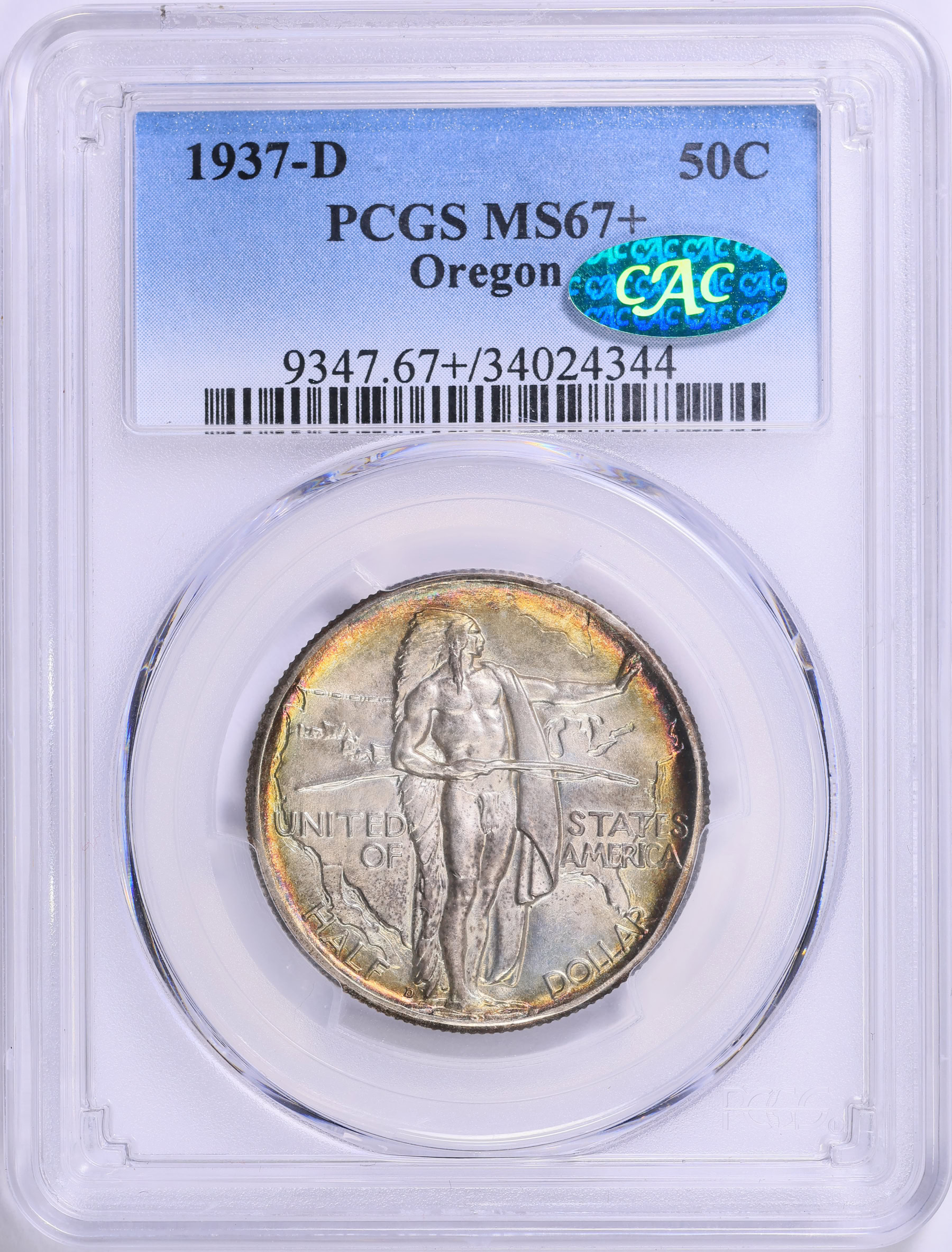 1937-D Oregon Trail Memorial Half Dollar PCGS MS-67+ (CAC Green) (Toned) (Item 1868601 ...
