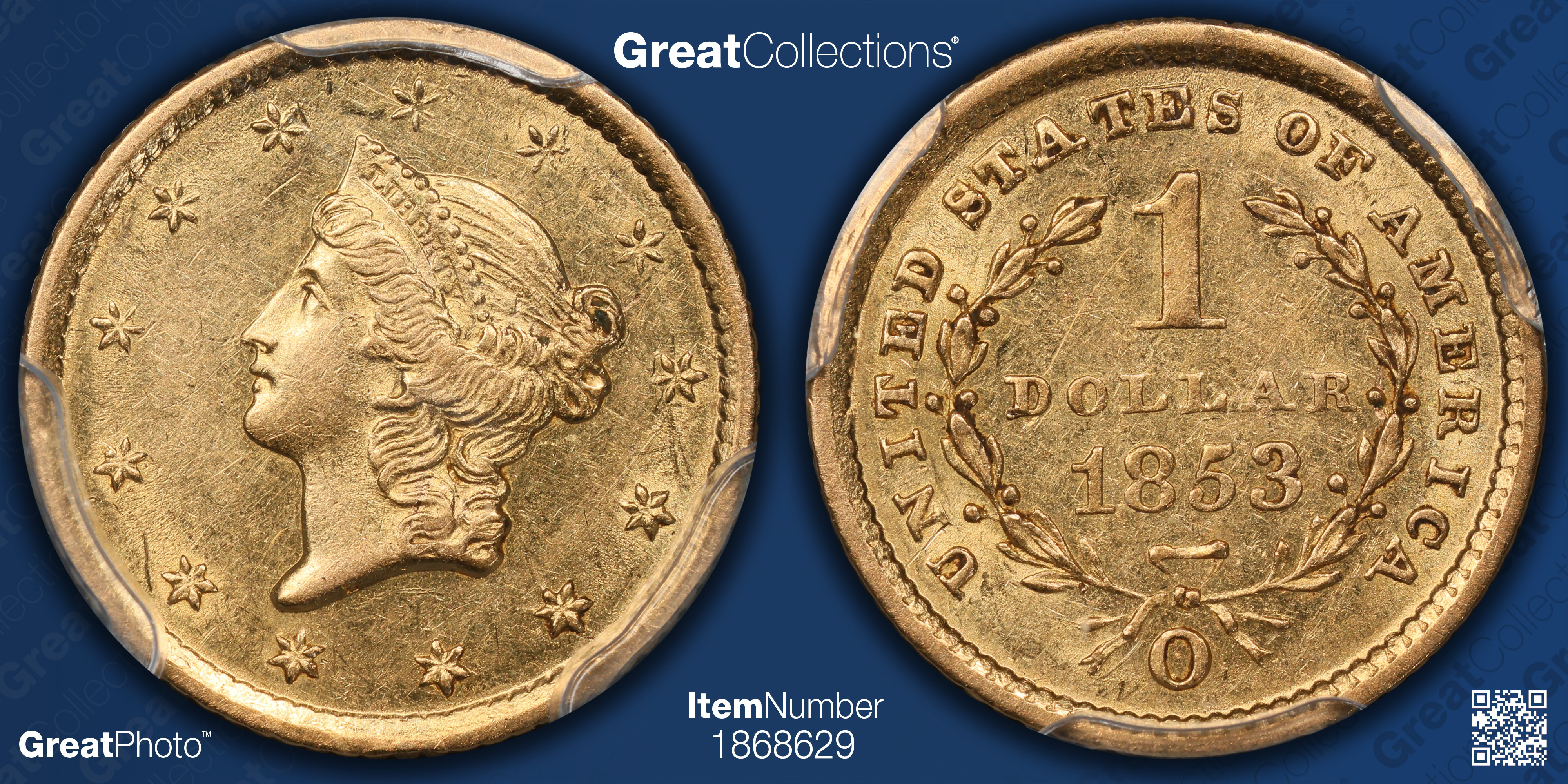1853-O Liberty Gold Dollar PCGS AU-58 (Item 1868629) | GreatCollections ...