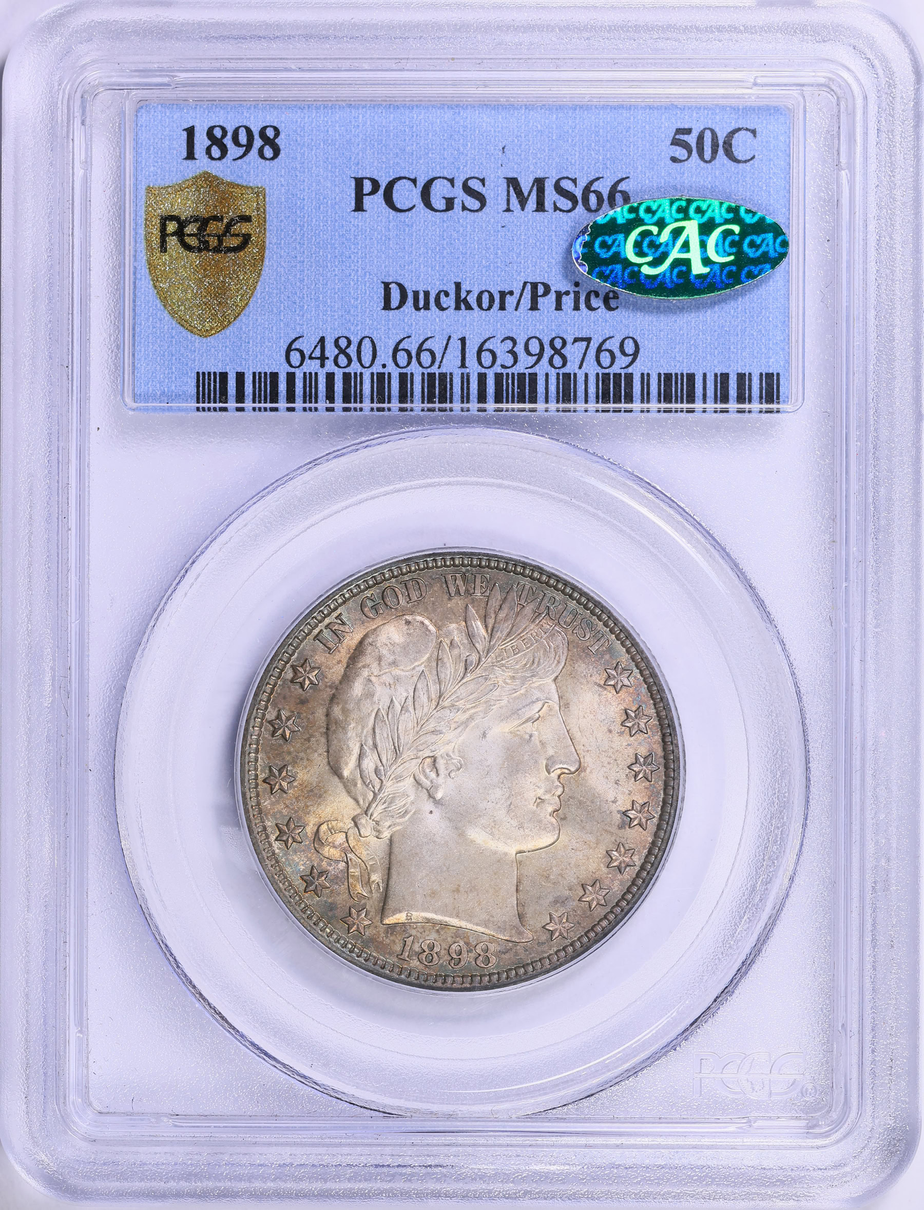 1898 Barber Half Dollar PCGS MS-66 (CAC Green) (Toned) (Duckor/Price ...