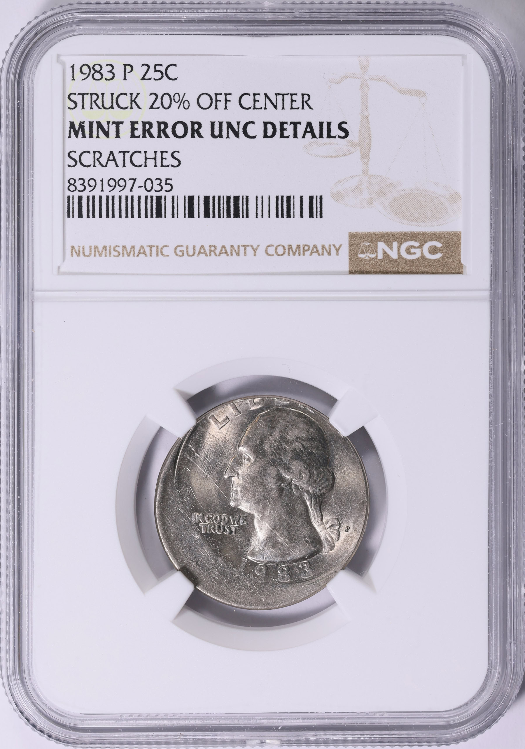 Mint Error 1983-P Washington Quarter Struck 20% Off Center PCGS Genuine ...