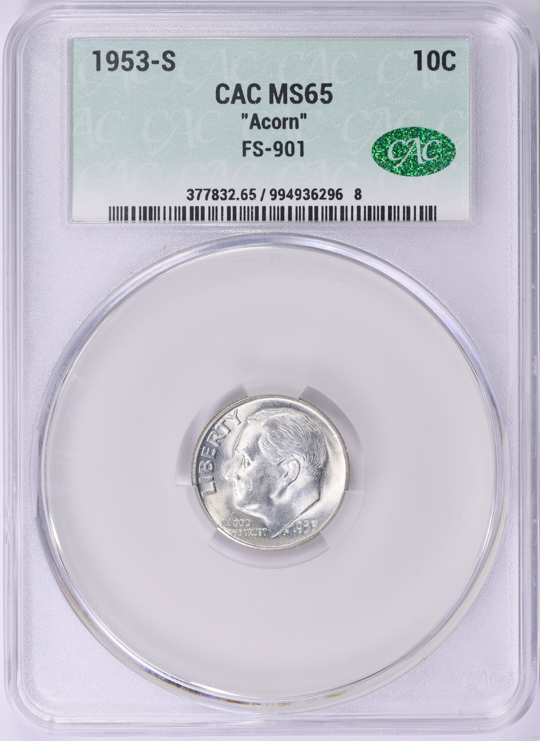 1953-S Roosevelt Dime Acorn FS-901 CACG MS-65 | CACG Cert #994936296 ...