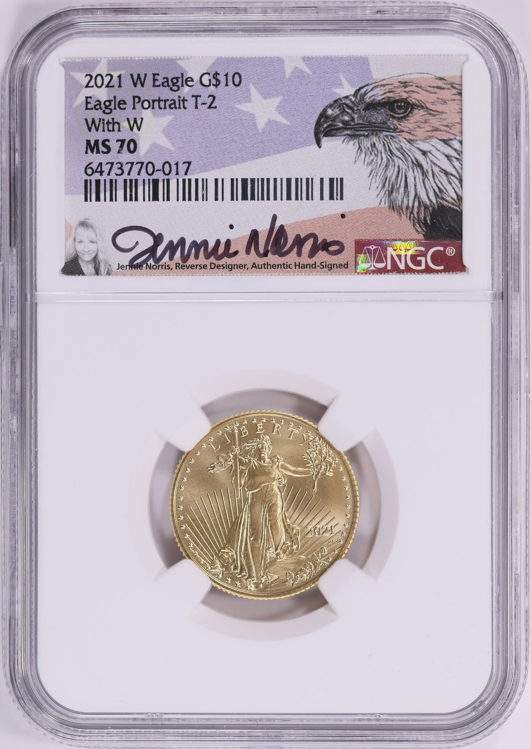 2021-W $10 Quarter-Ounce Gold American Eagle Type 2 Unfinished Proof Dies NGC MS-70 (Jennie ...