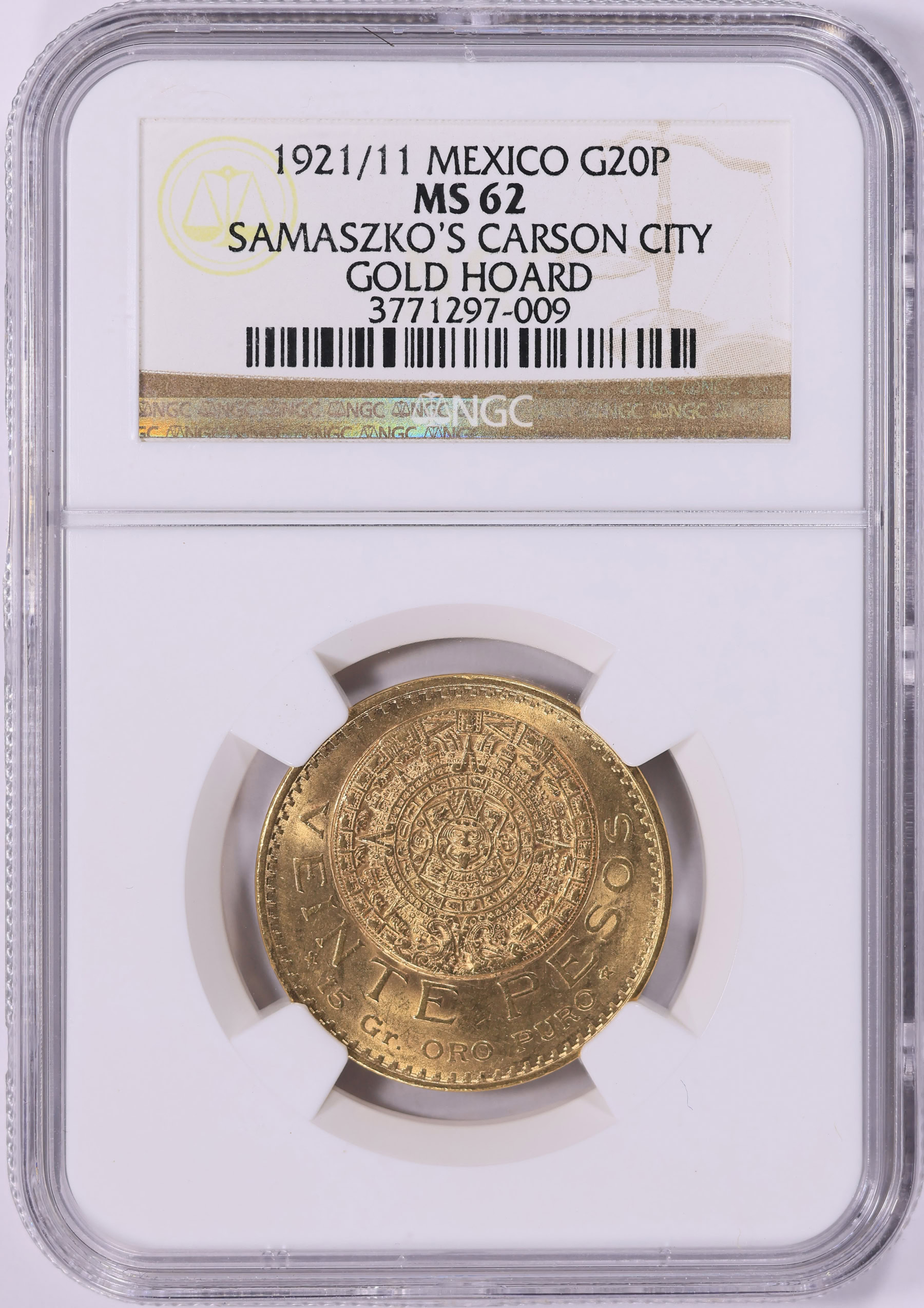 Mexico 1921/11 Gold 20 Pesos KM-478 NGC MS-62 (Ex: Samaszko's Carson ...
