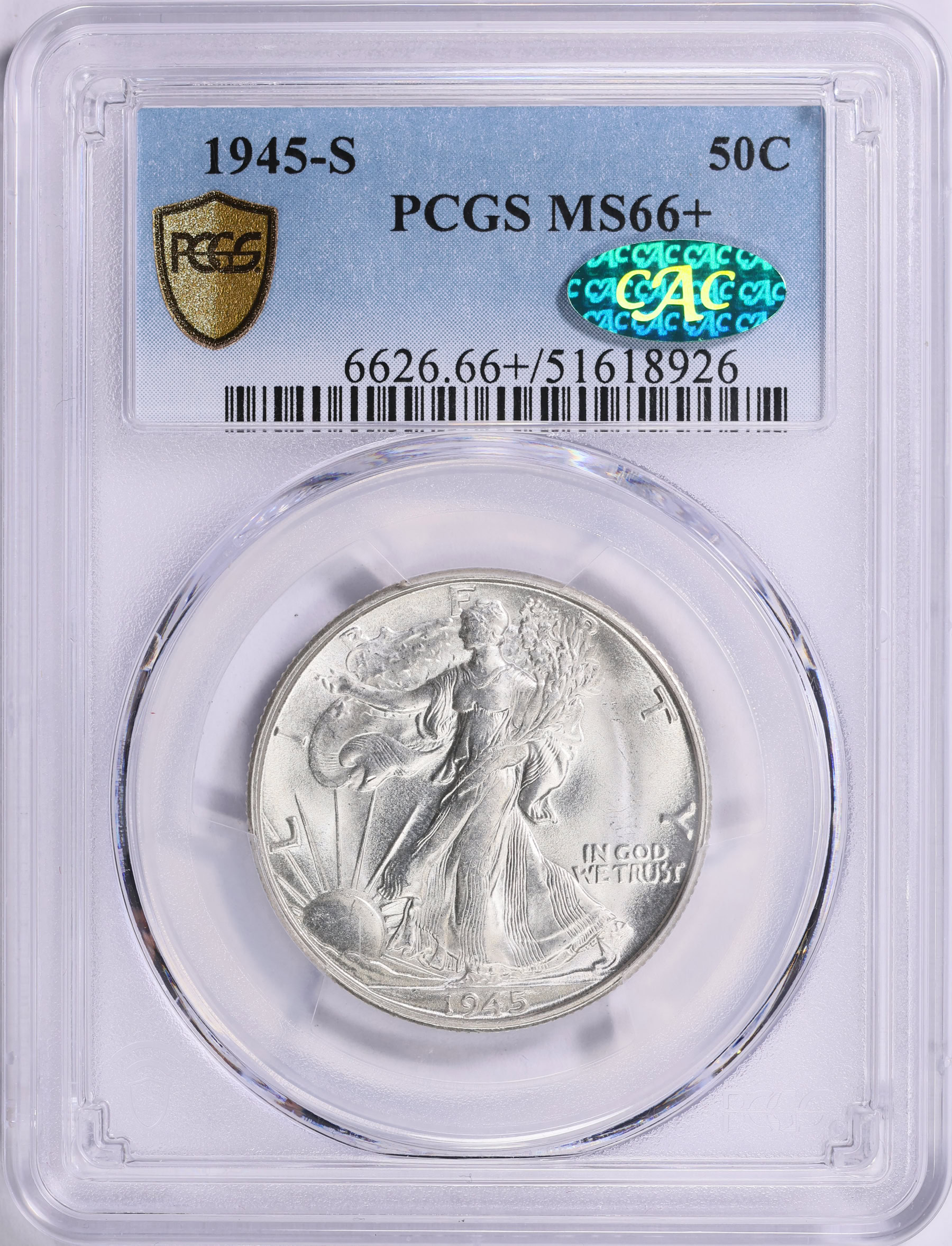 1945-S Walking Liberty Half Dollar PCGS MS-66+ (CAC Green) (Item 1868918) | GreatCollections ...