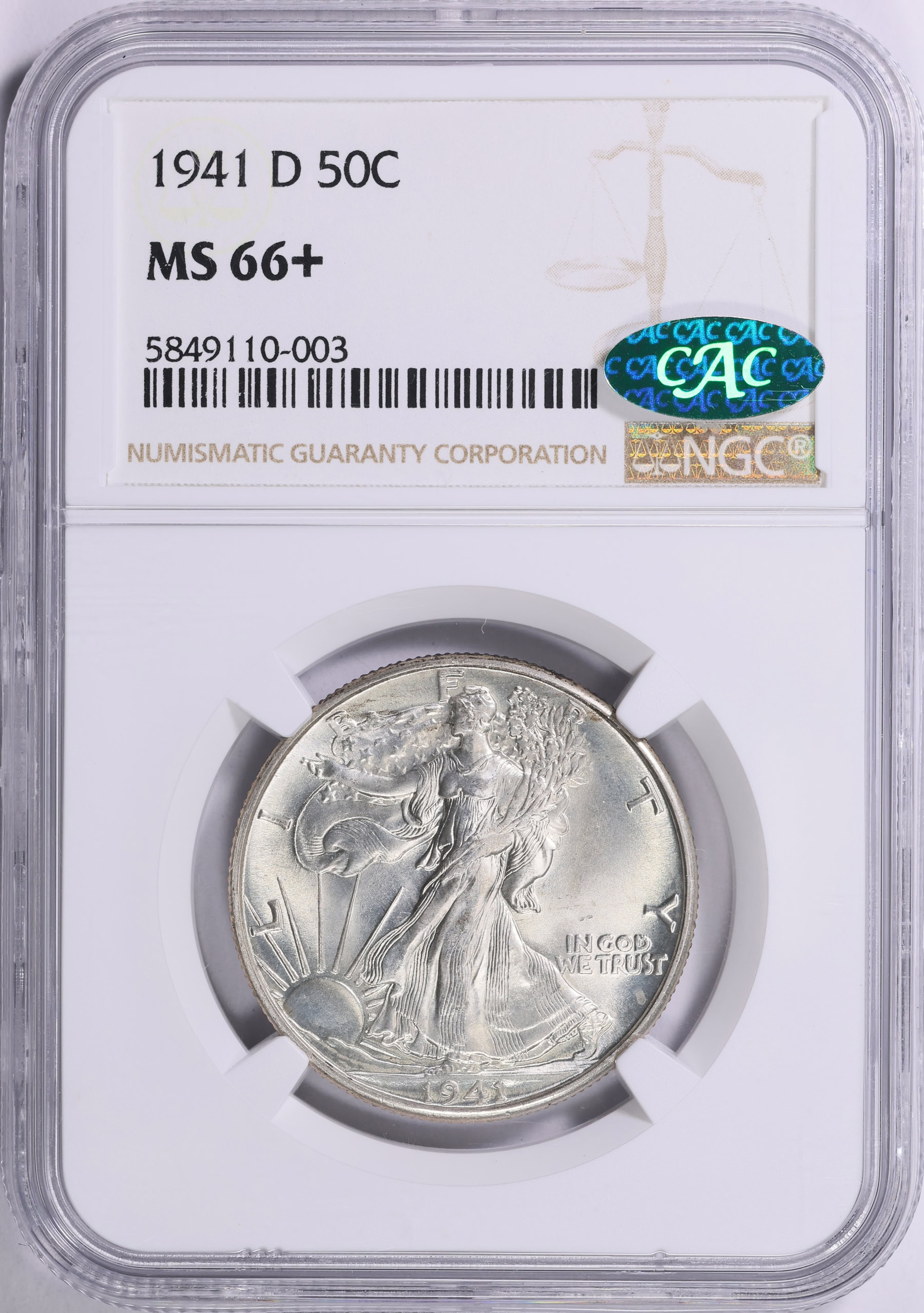 1941-D Walking Liberty Half Dollar NGC MS-66+ (CAC Green) (Item 1868921) | GreatCollections Coin ...