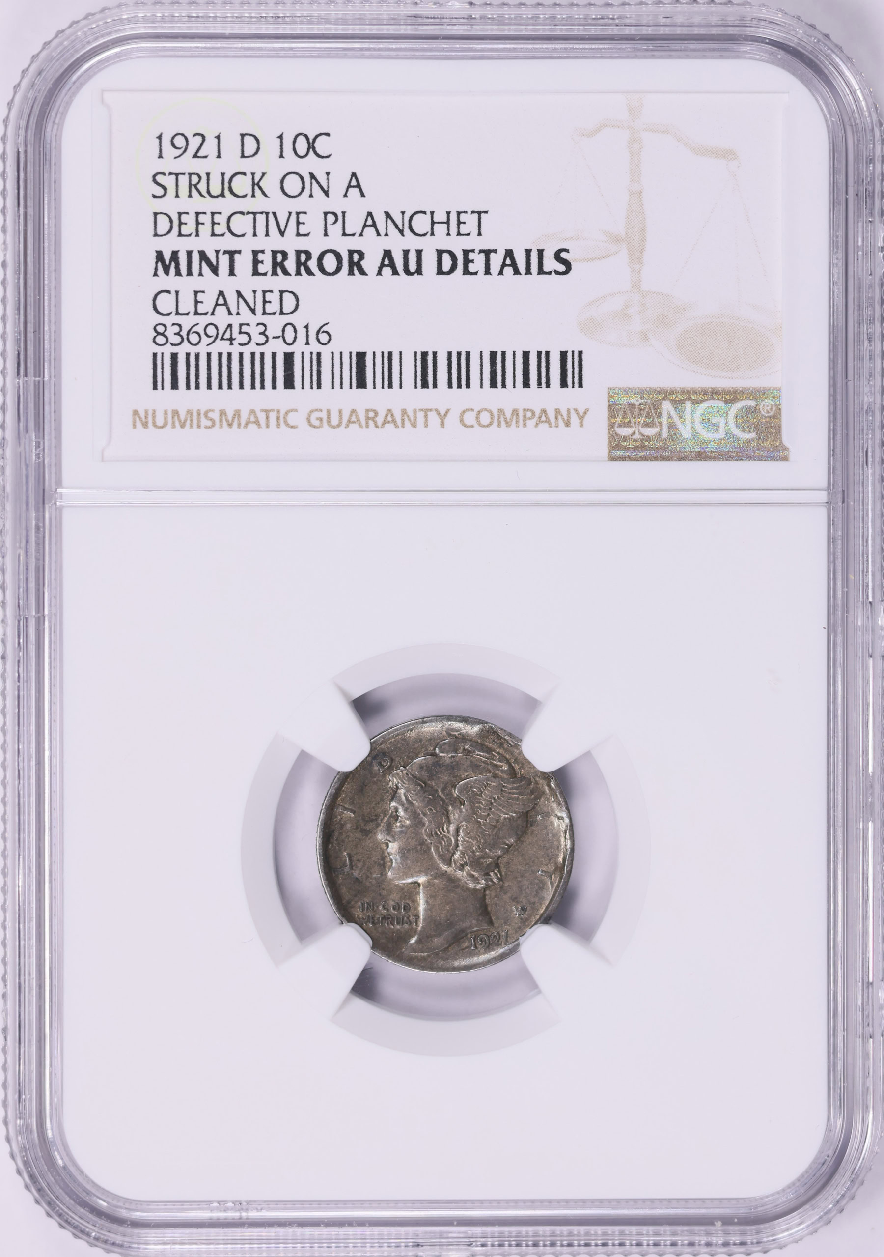 Mint Error 1921-D Mercury Dime Struck on a Defective Planchet NGC AU ...