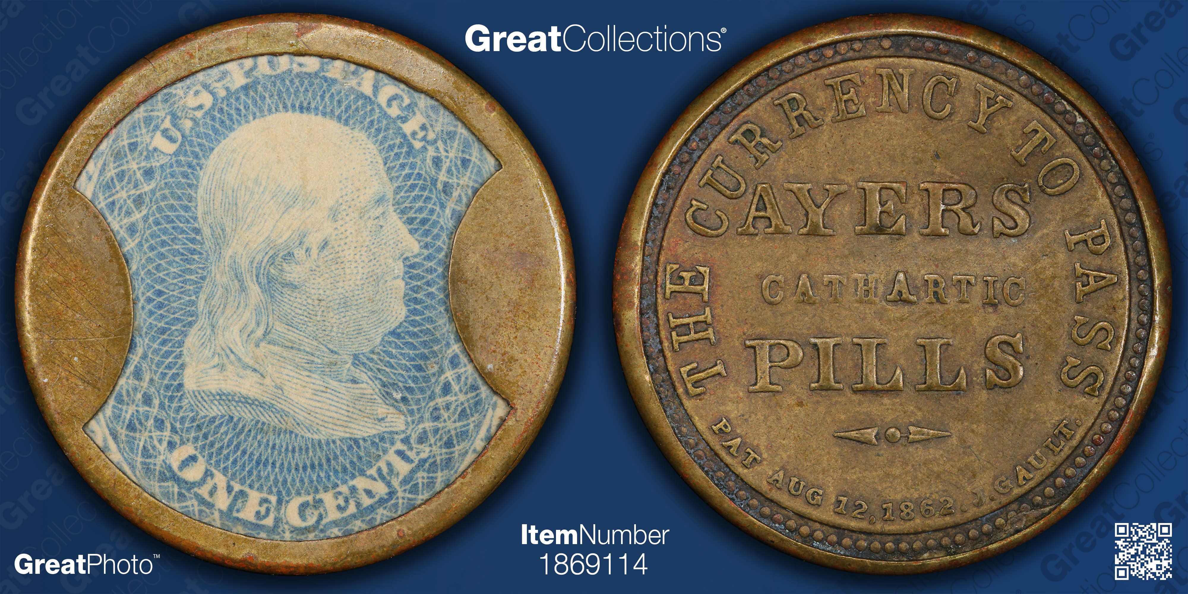Aug. 12, 1862 Ayer's Cathartic Pills J. Gault 1 Cent Encased Postage ...