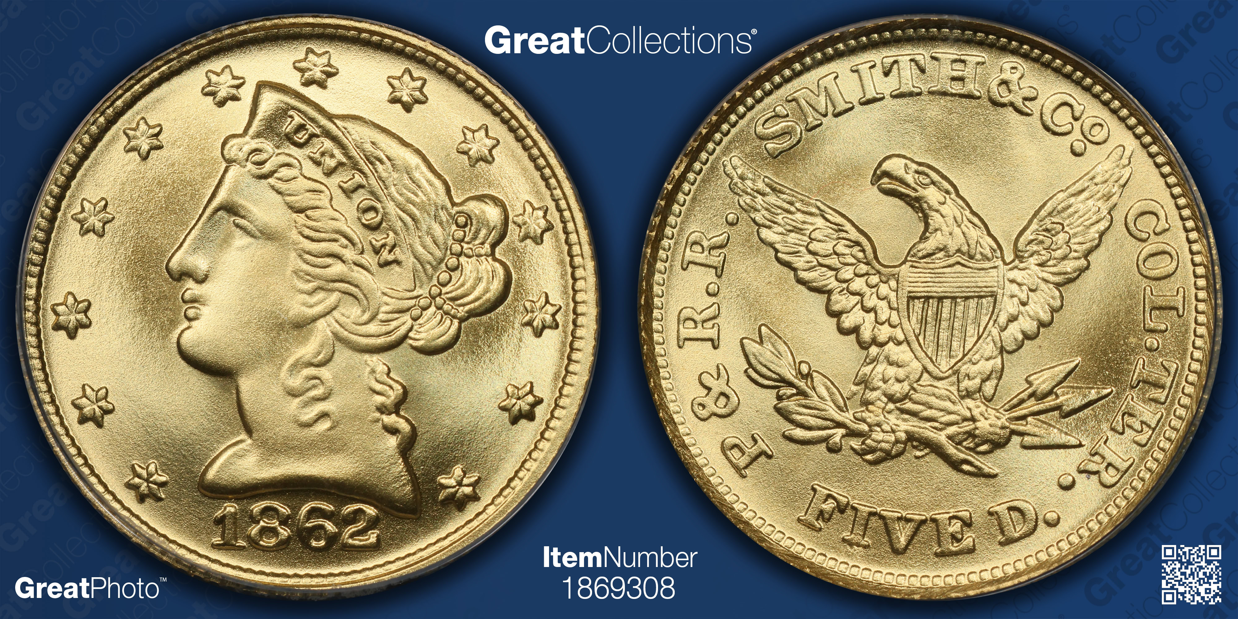 1862 Gold $5 P & R.R. Co. Colorado Territory Daniel Carr Token ANACS MS ...