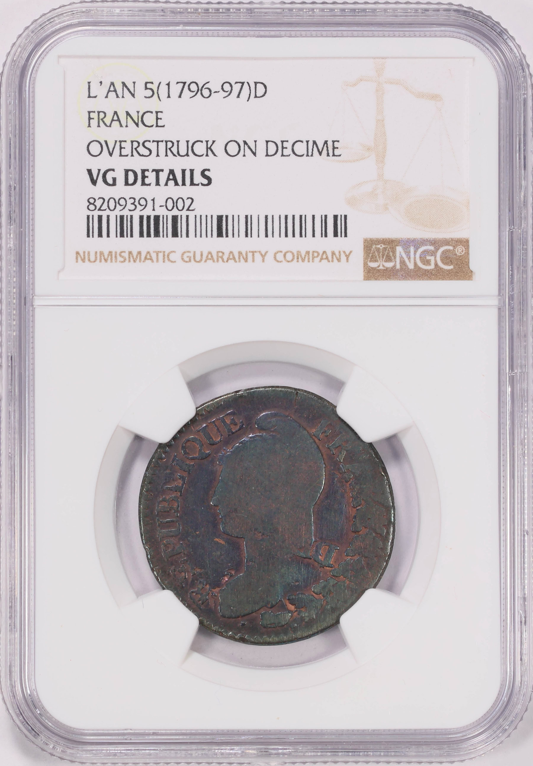 France L'An 5 (c.1796-97)-D 5 Centimes Refrappage KM-642.5 NGC VG ...