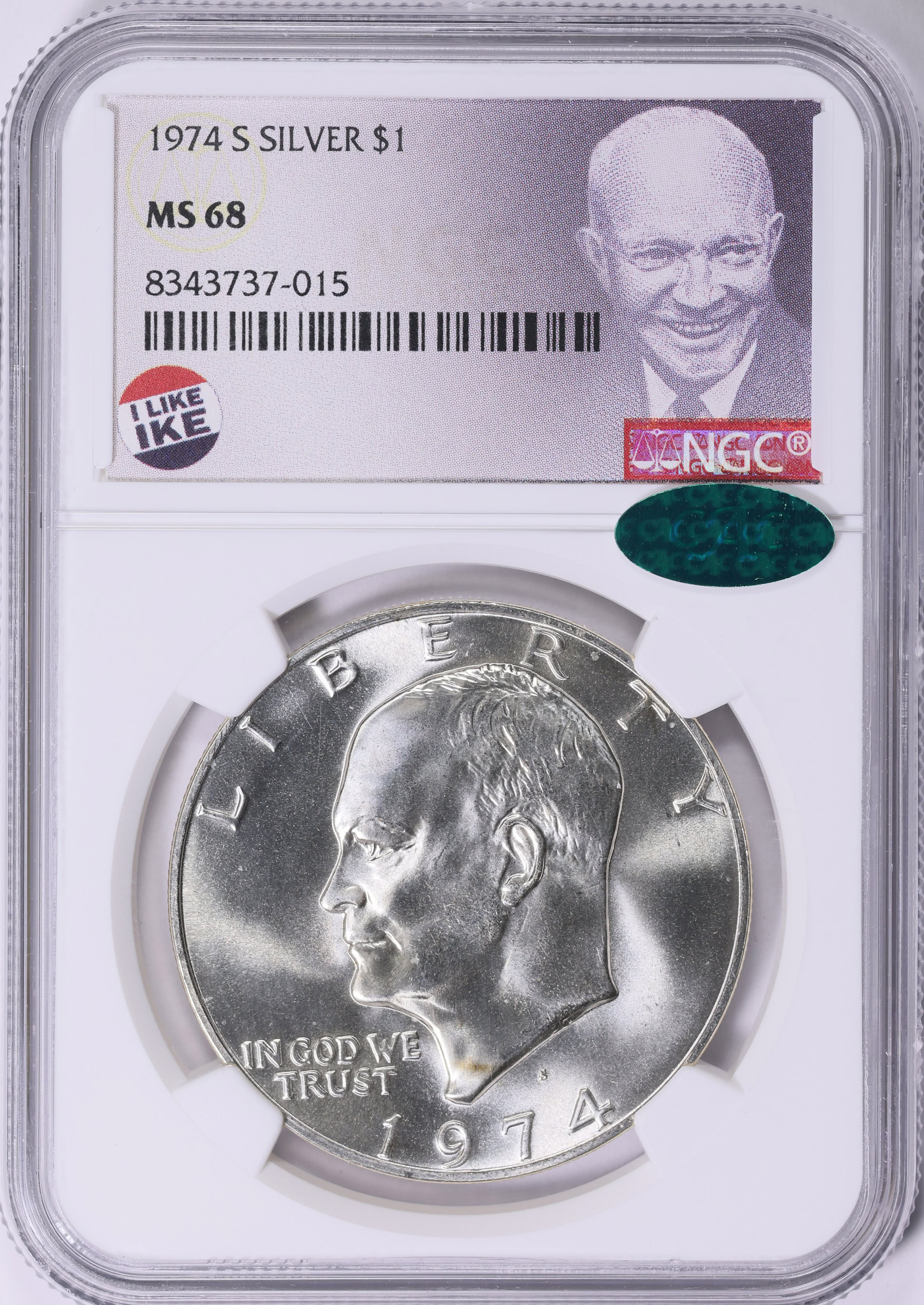 1974-S Eisenhower Dollar Silver NGC MS-68 (CAC Green) (I Like Ike Label ...