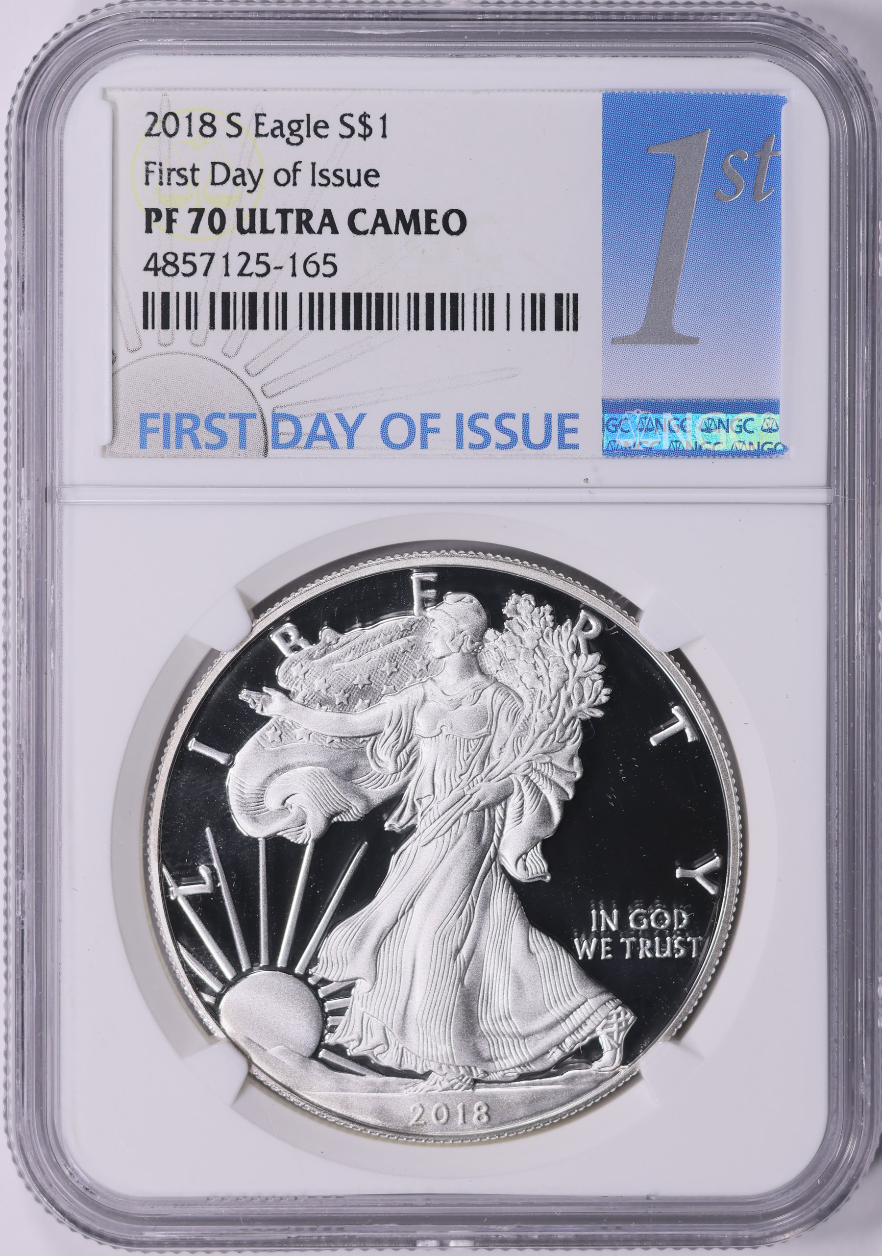 2018-S $1 Silver Eagle First Day of Issue NGC Proof-70 UC (Item 1869688 ...