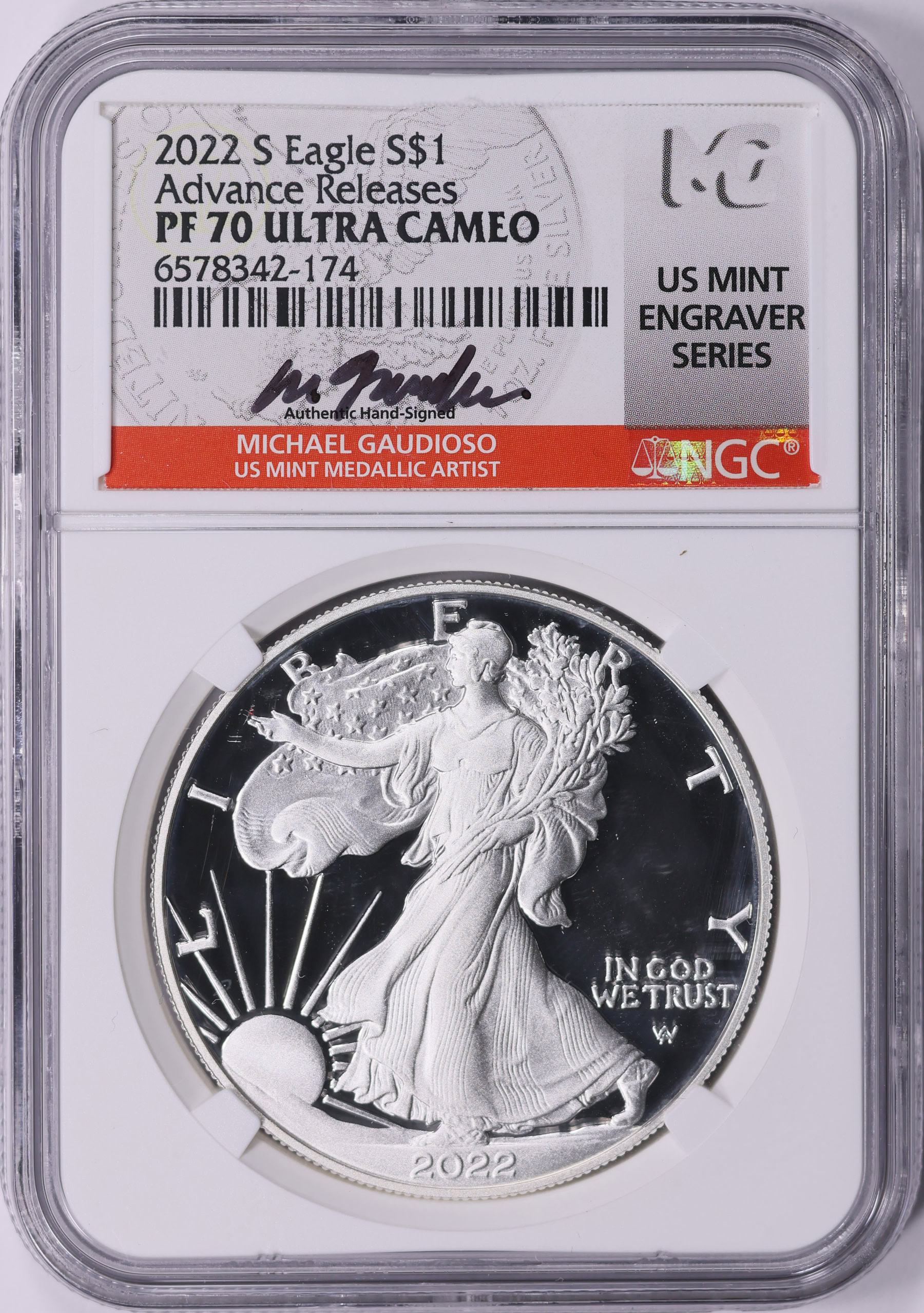 2022-S $1 Silver Eagle Advance Releases Mint Engraver Series NGC Proof-70 UC (Michael Gaudioso ...