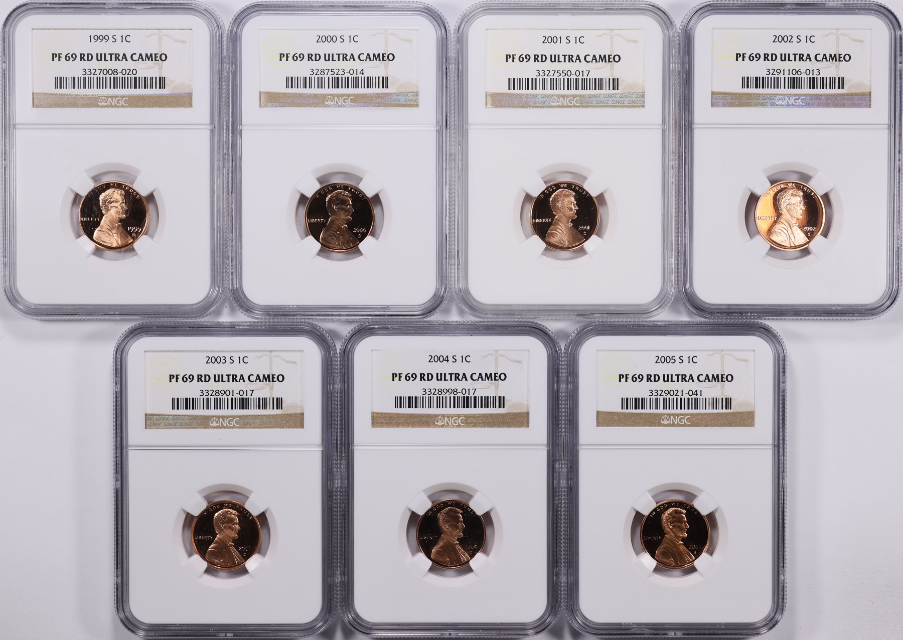 1999-S - 2005-S Lincoln Cent Date Run NGC Proof-69 RD UC (7 Coins ...