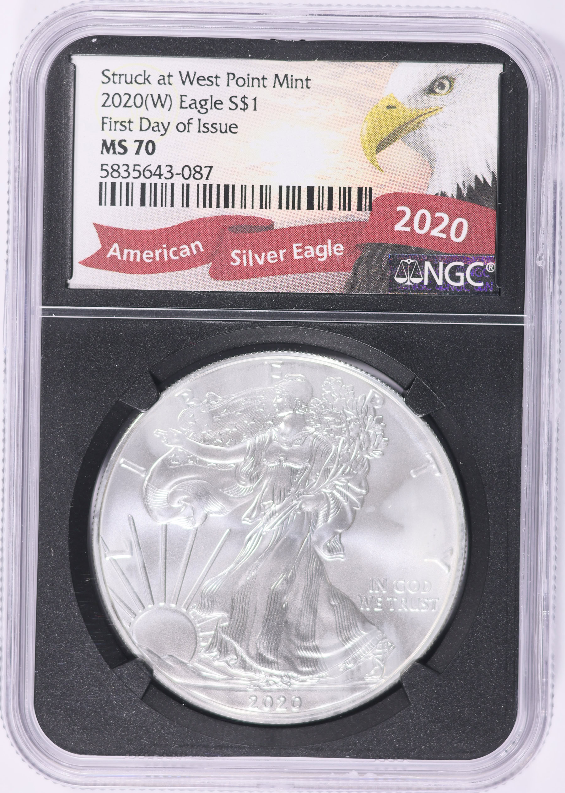 2020-(W) $1 Silver Eagle Struck at West Point First Day of Issue NGC MS-70 (Eagle Label) (Black ...
