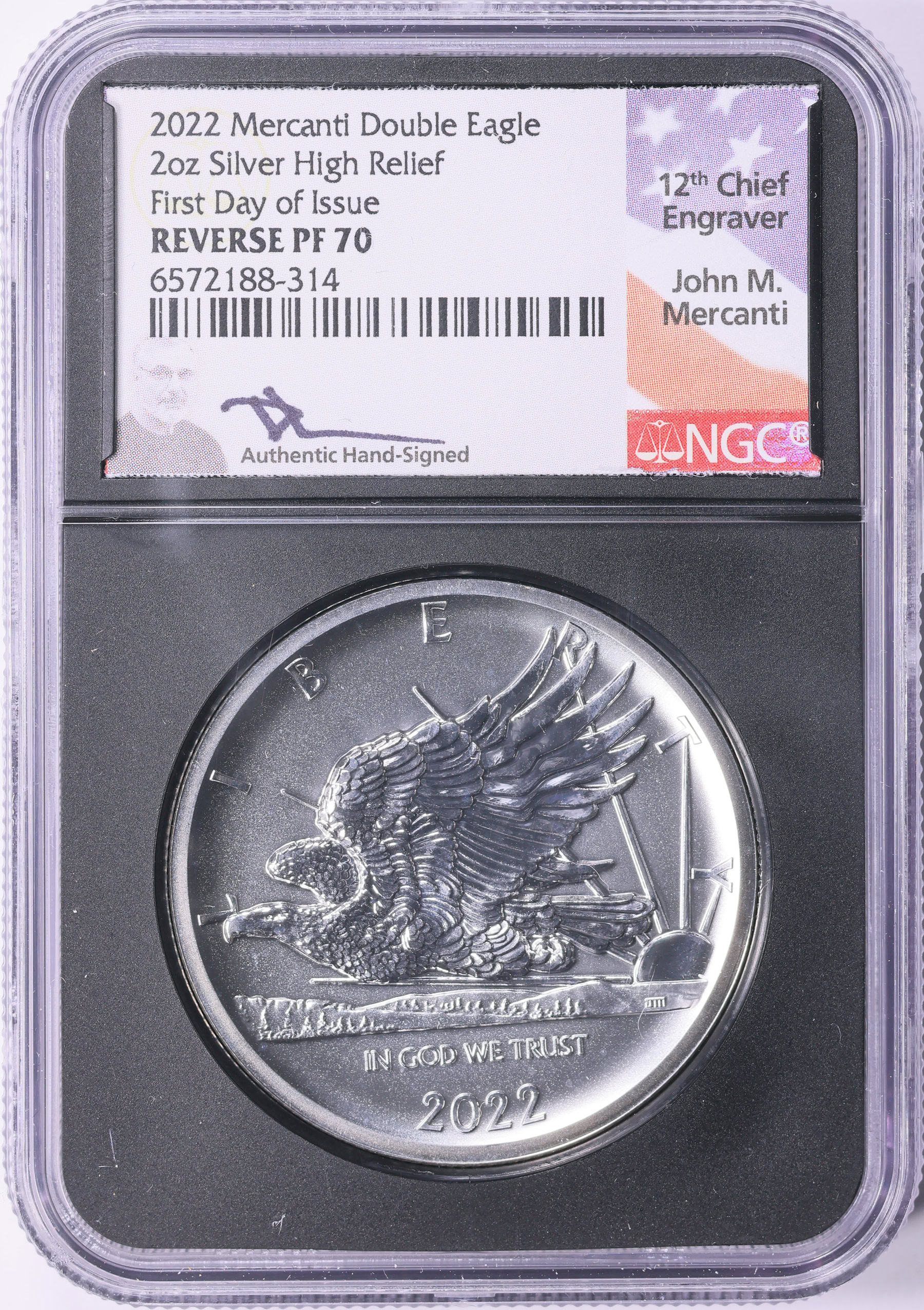 2022 Silver 2oz Mercanti Double Eagle High Relief Reverse Proof First Day of Issue NGC Proof-70 ...