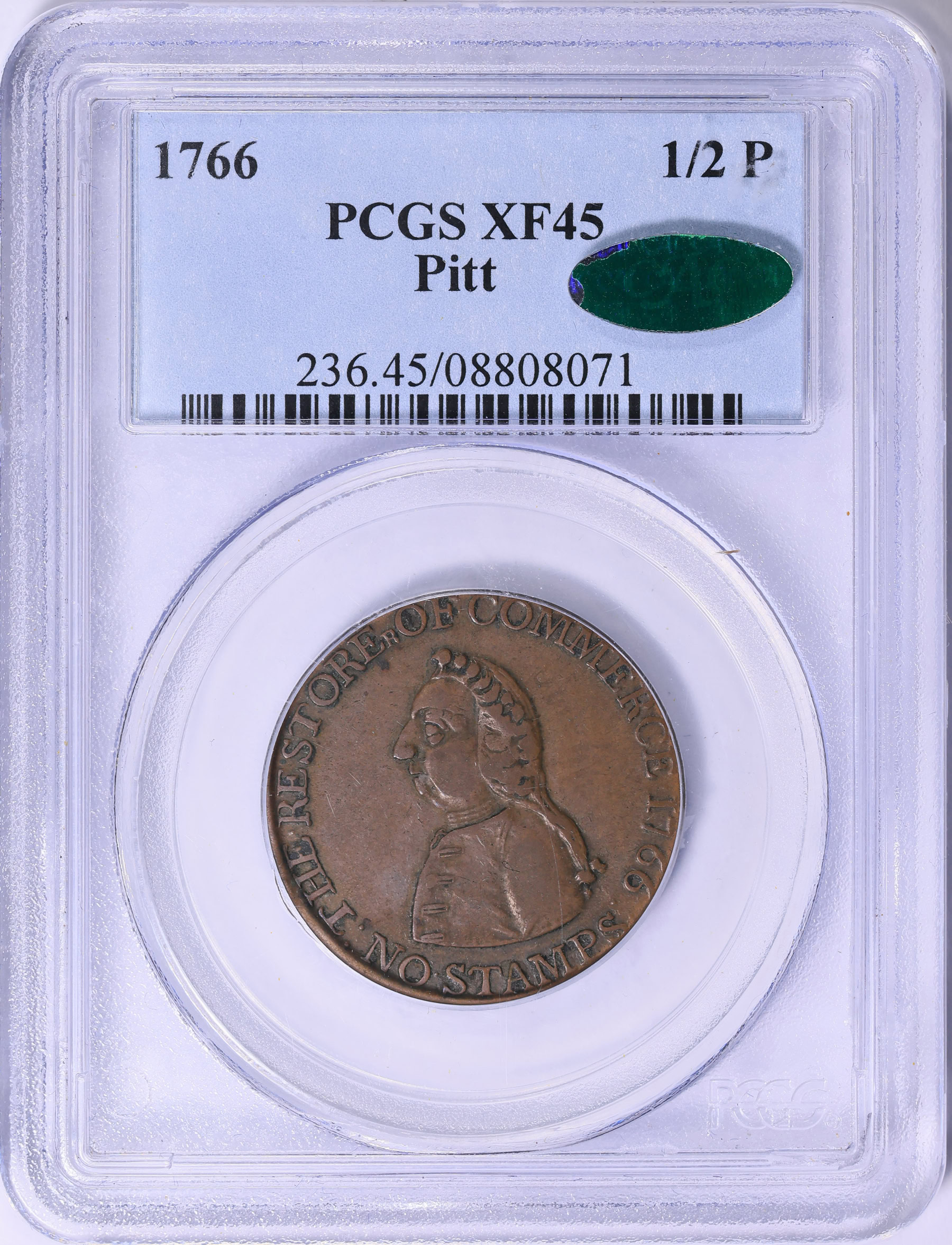 1766 Halfpence Pitt Token PCGS XF-45 (CAC Green) (Item 1871218 ...