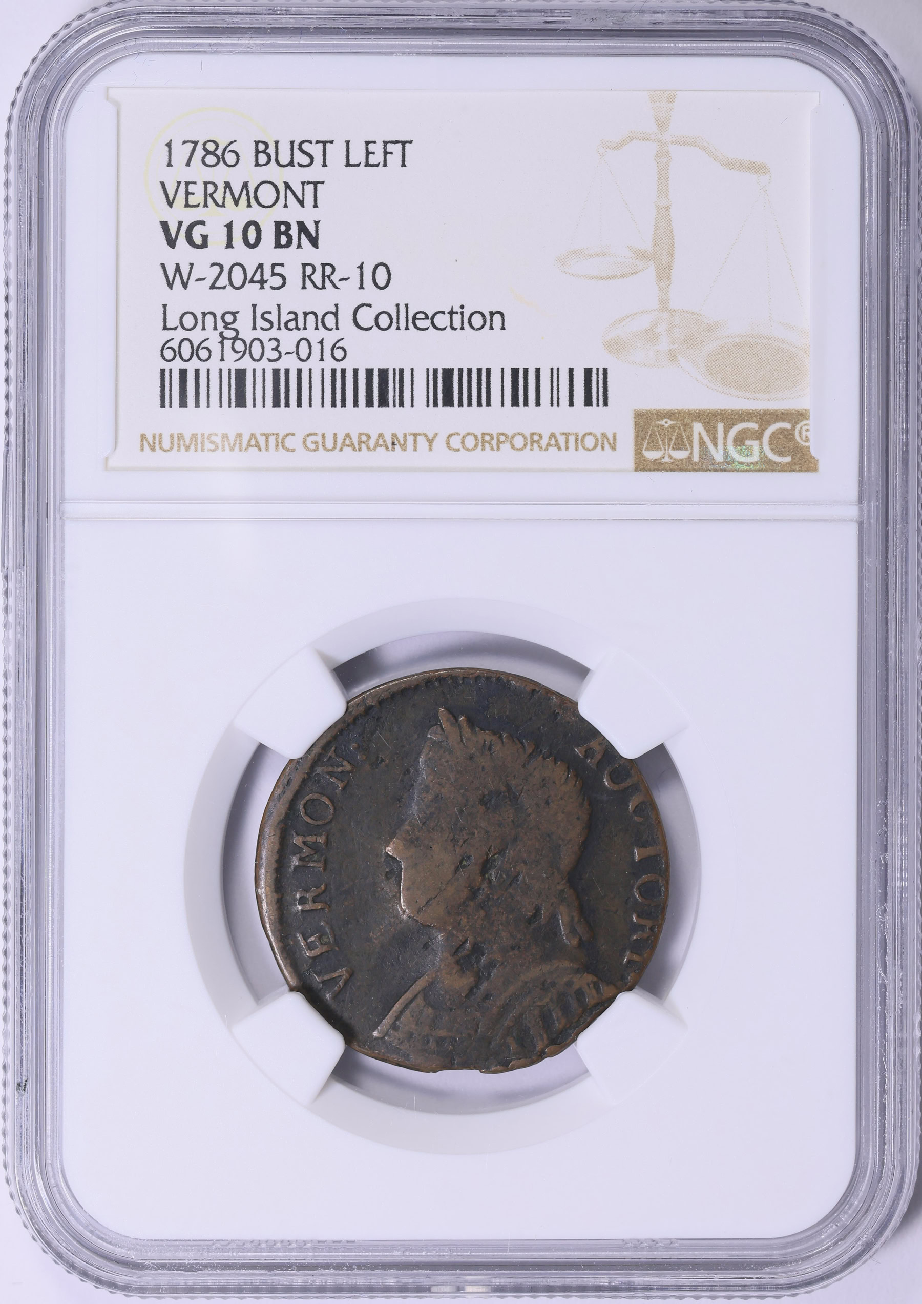 1786 Vermont Copper Bust Left, RR-10 NGC VG-10 BN (Ex: Long Island ...