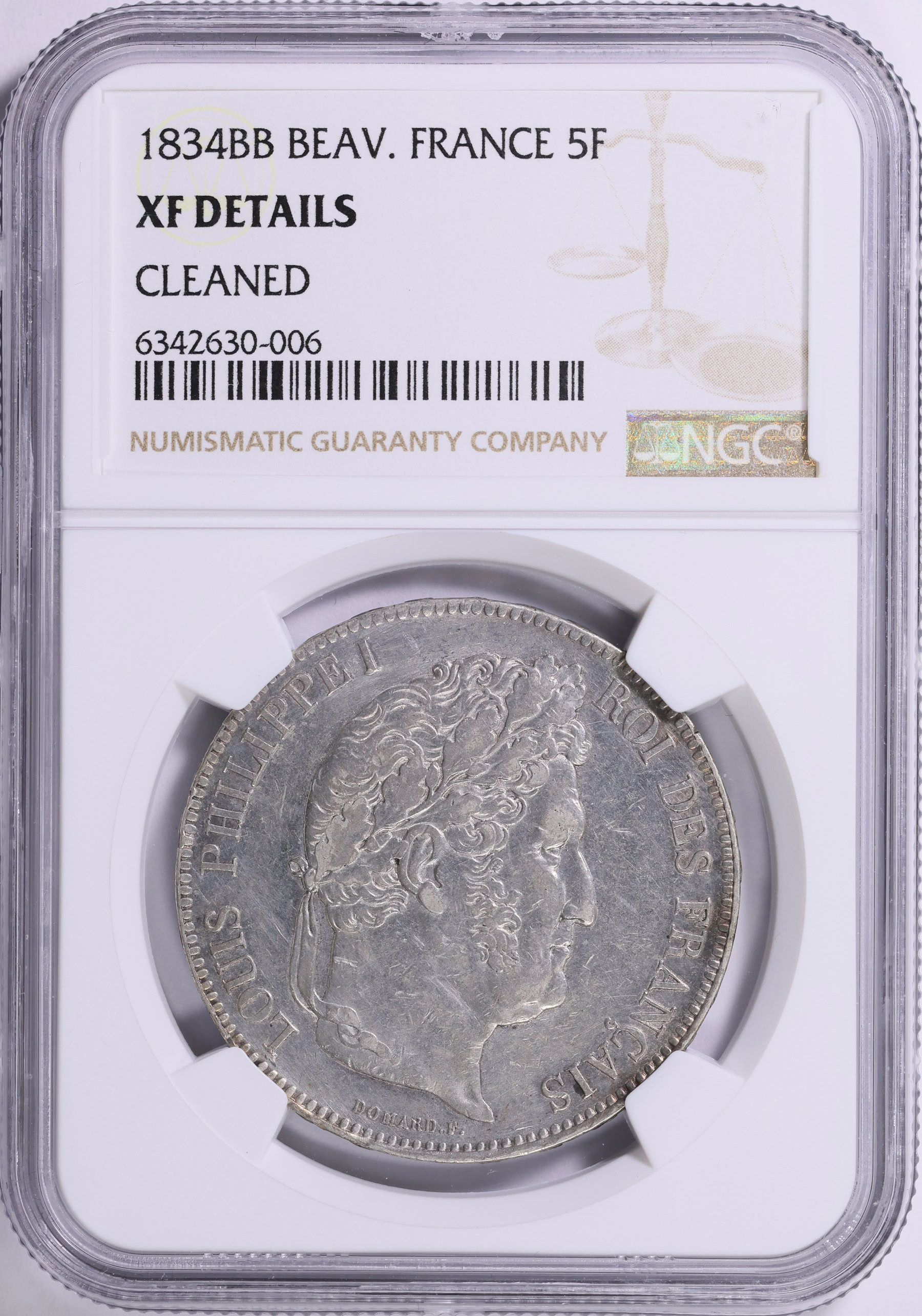 France 1834-BB Silver 5 Francs KM-749.3 Beaver Privy NGC XF Details ...