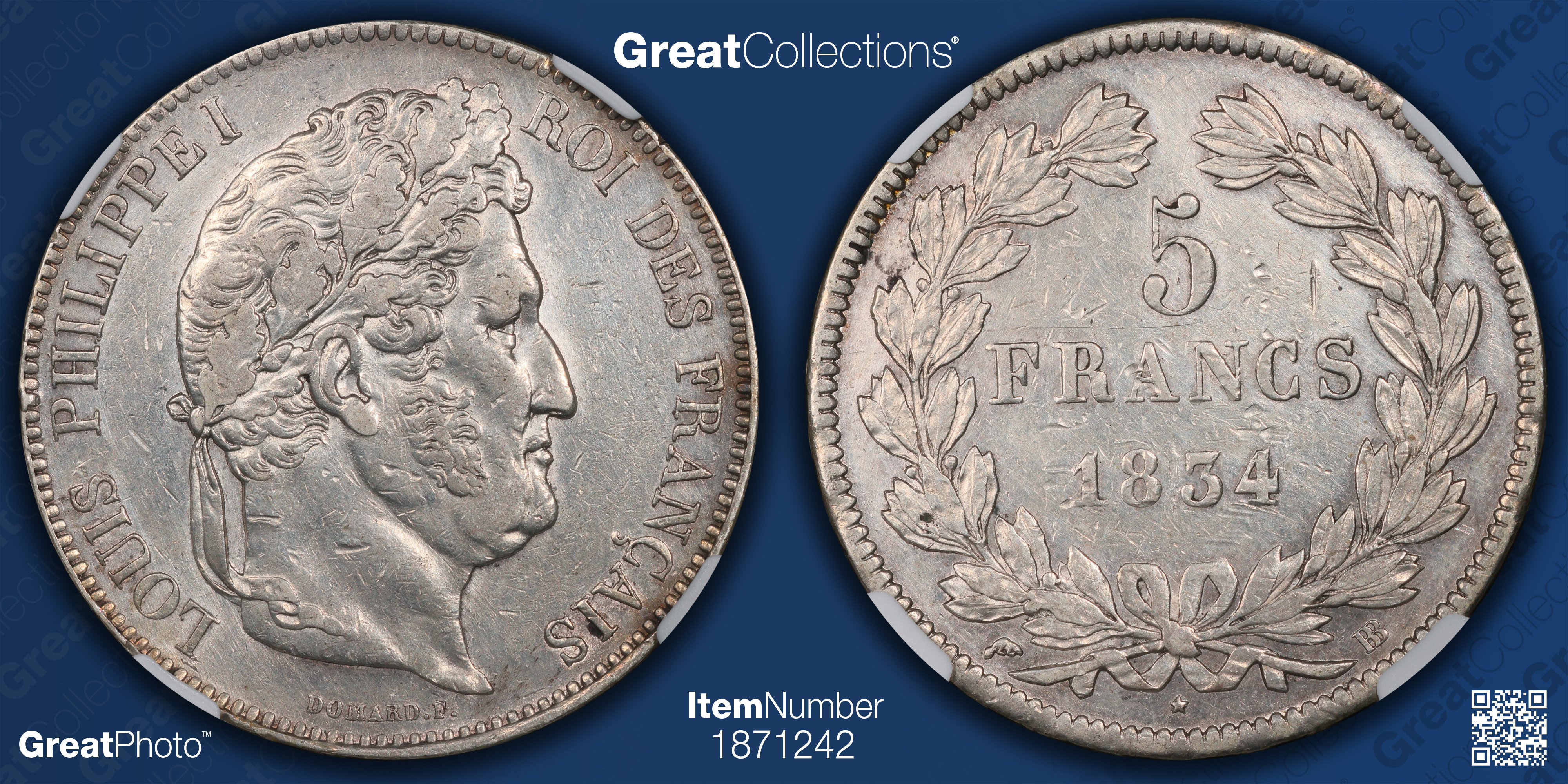 France 1834-BB Silver 5 Francs KM-749.3 Beaver Privy NGC XF Details ...