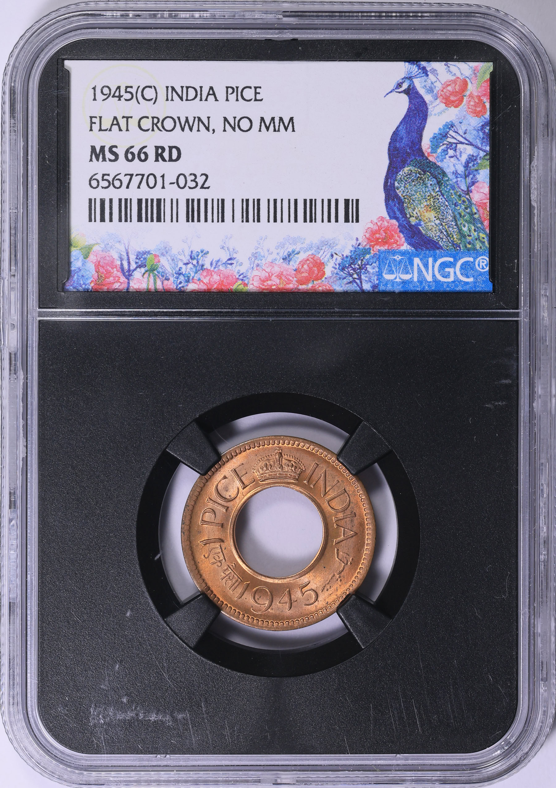 India 1945-(C) Pice Flat Crown KM-533 NGC MS-66 RD (Black Retro Holder ...