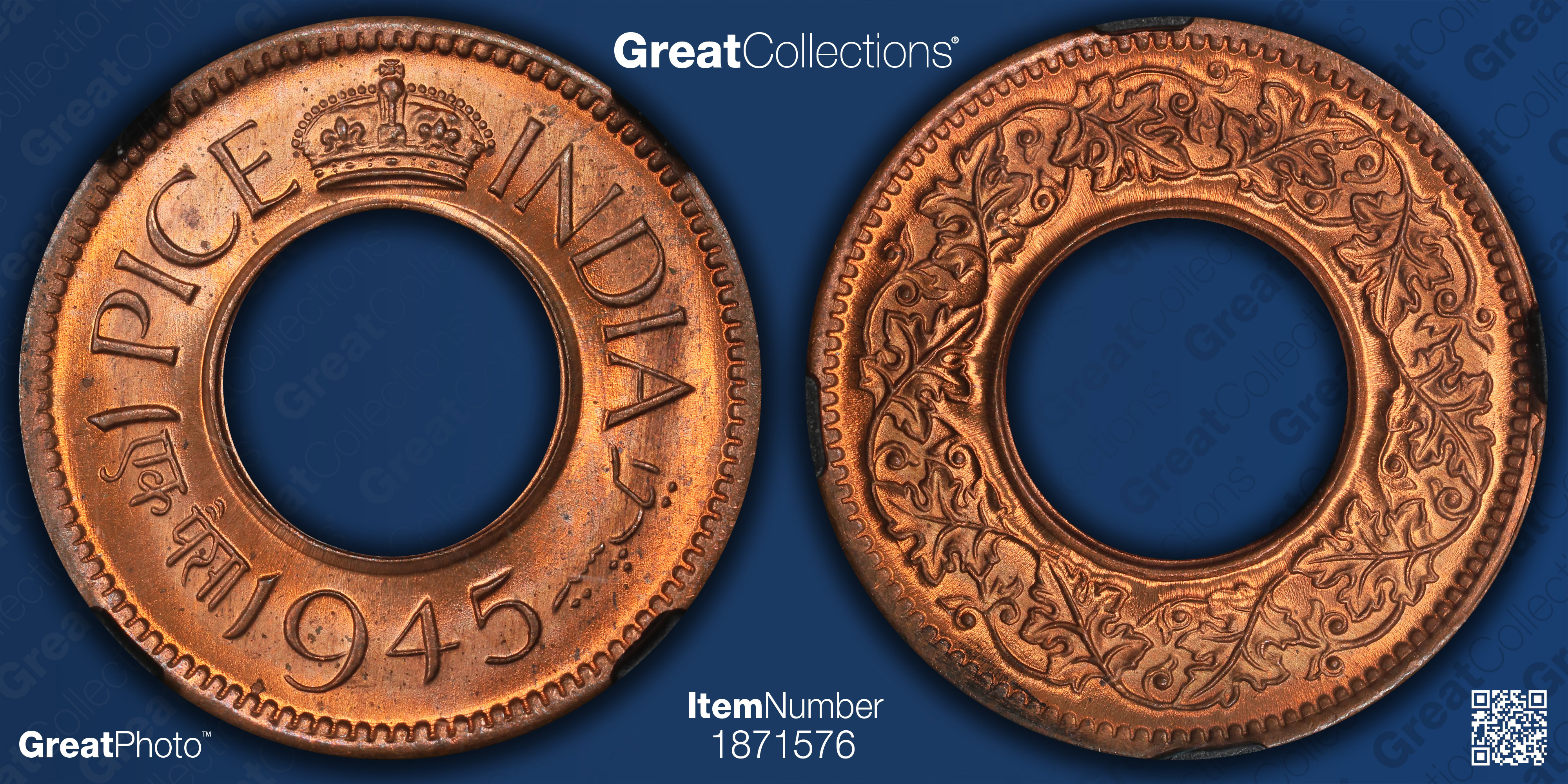 India 1945-(C) Pice Flat Crown KM-533 NGC MS-66 RD (Black Retro Holder ...