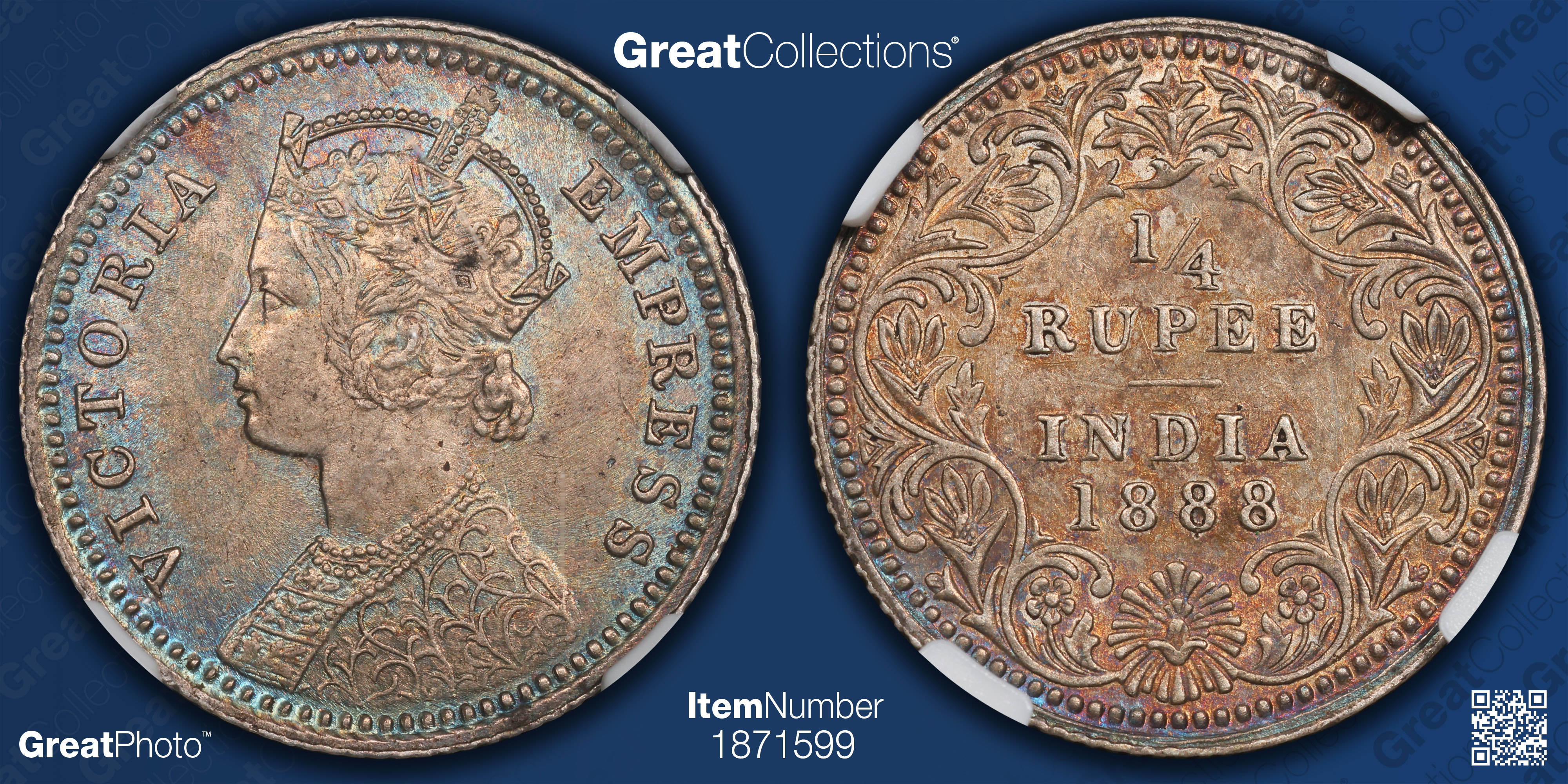 India 1888-(C) Silver 1/4 Rupee Without Mint Mark KM-490 NGC MS-63 ...