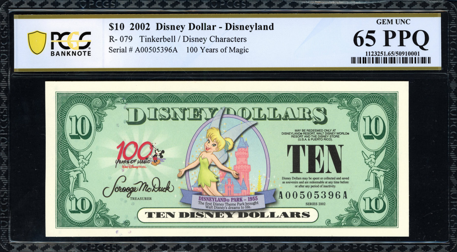2002 Disneyland $10 Disney Dollar Note Tinkerbell / 100 Years of Magic ...